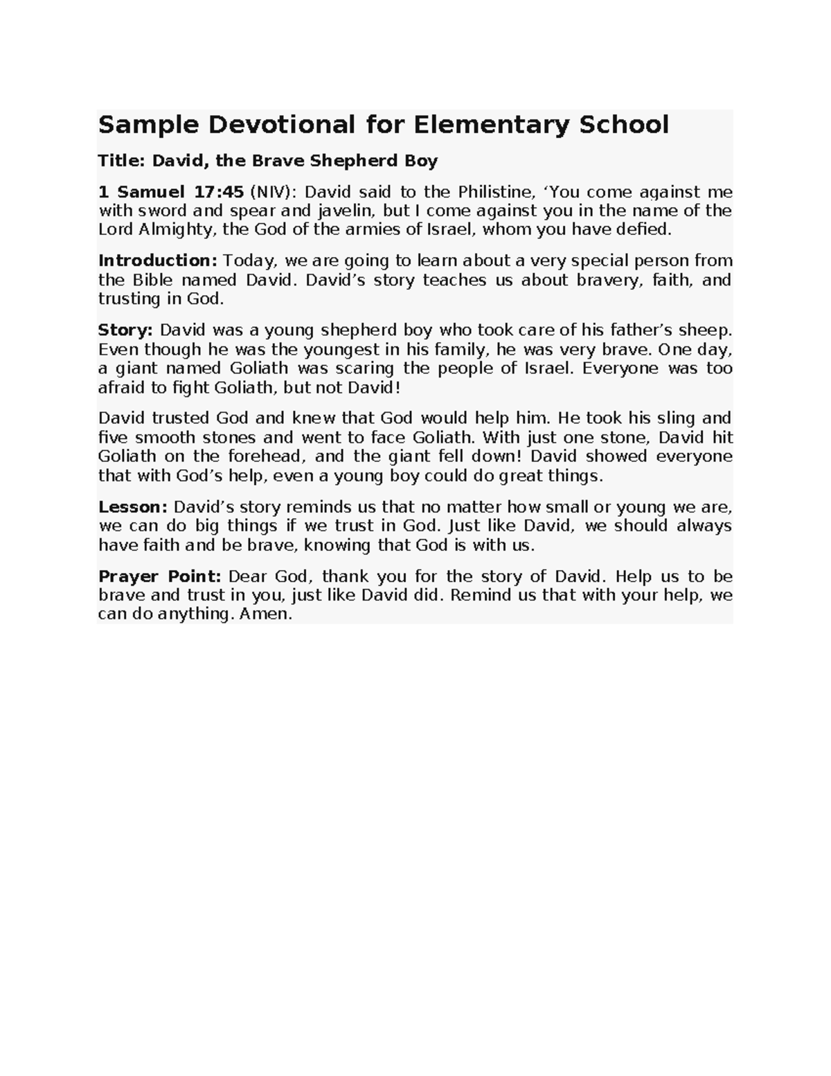 Sample Devotional for Elementary School - Introduction: Today, we are ...