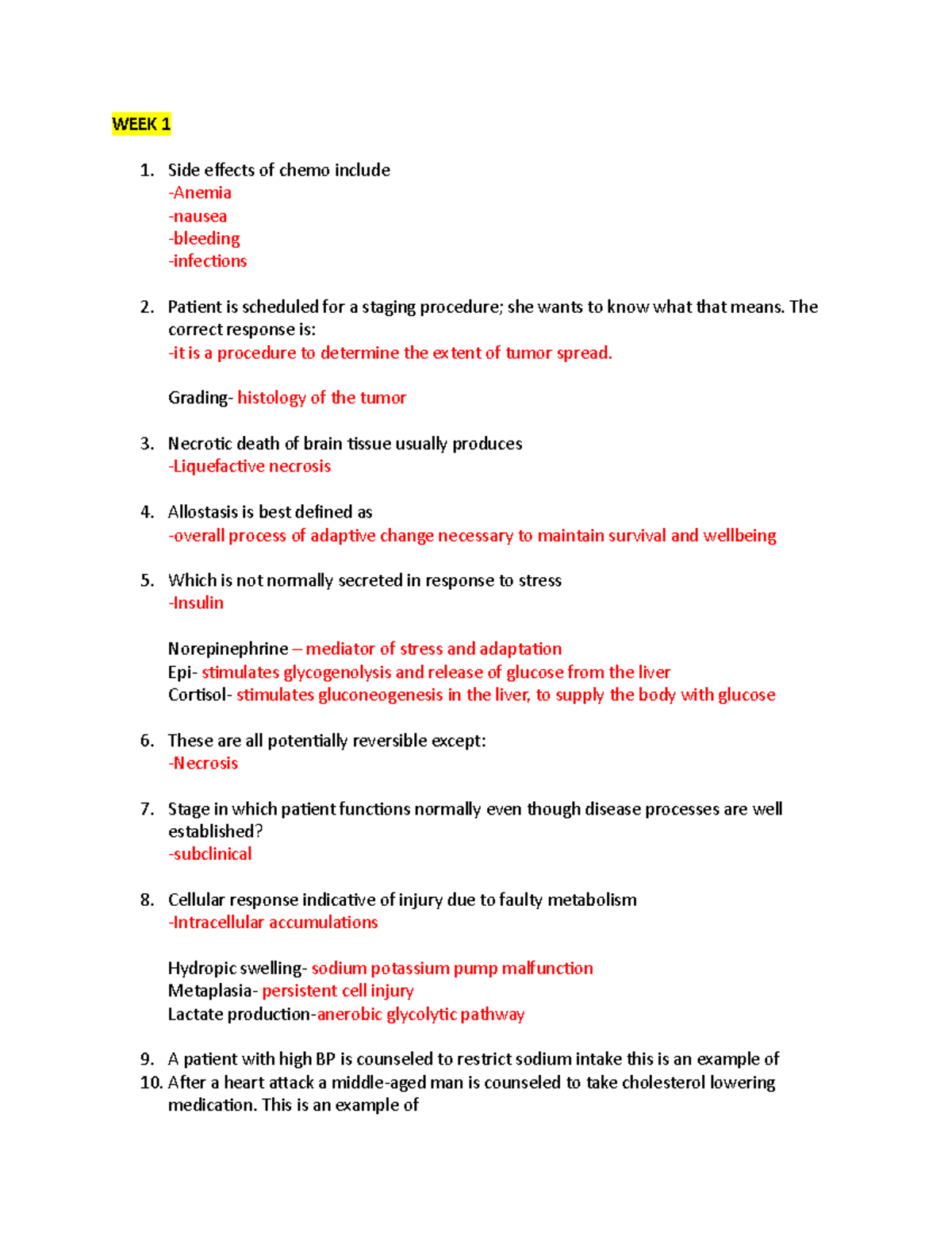 WEEK 1 CYU - Practice questions for weekly reading - WEEK 1 Side effects of chemo include ...