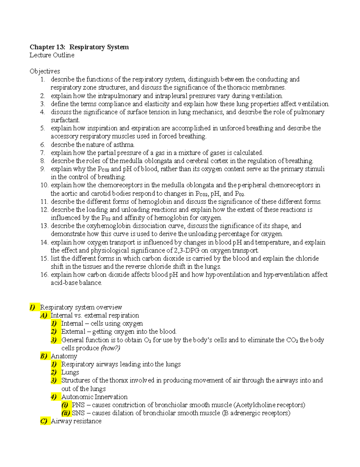 N Chap 13 respiration - Lab outline - Chapter 13: Respiratory System ...