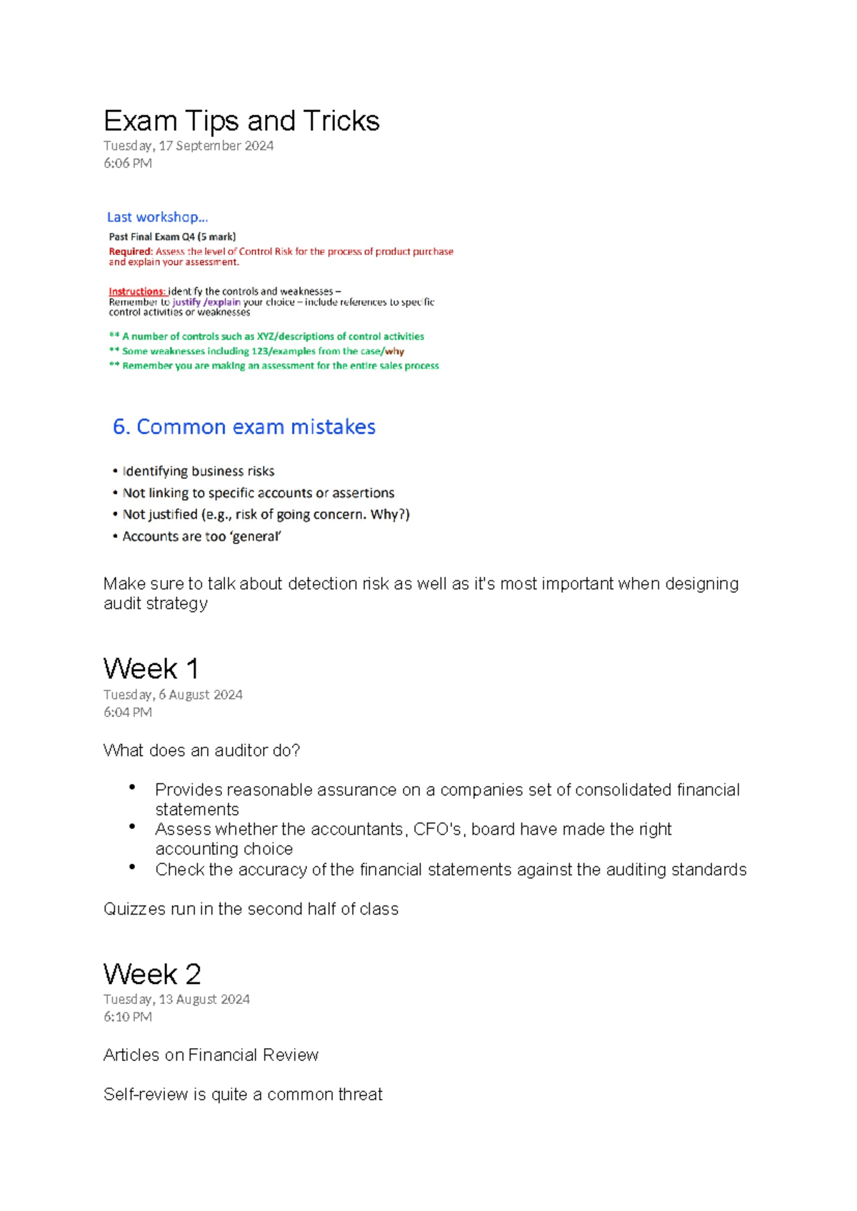 Audit Notes from One Note - Exam Tips and Tricks Tuesday, 17 September ...