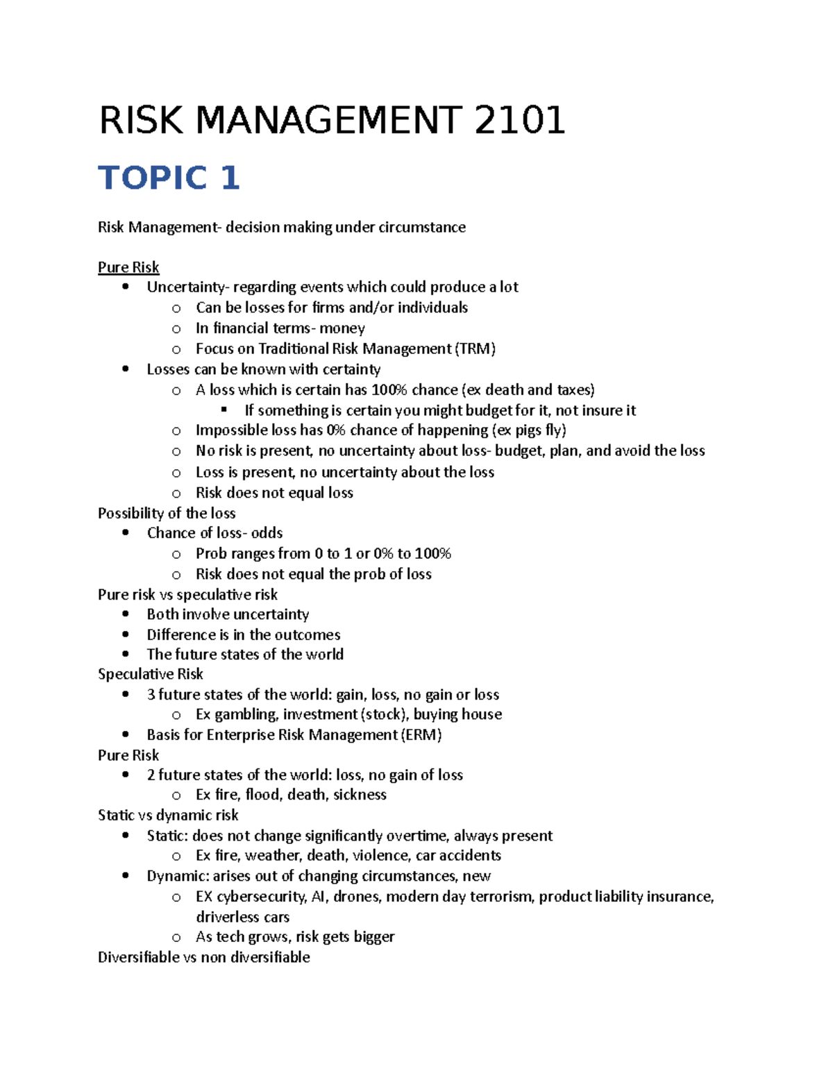 Study Doc 1 - Lecture notes - RISK MANAGEMENT 2101 TOPIC 1 Risk ...