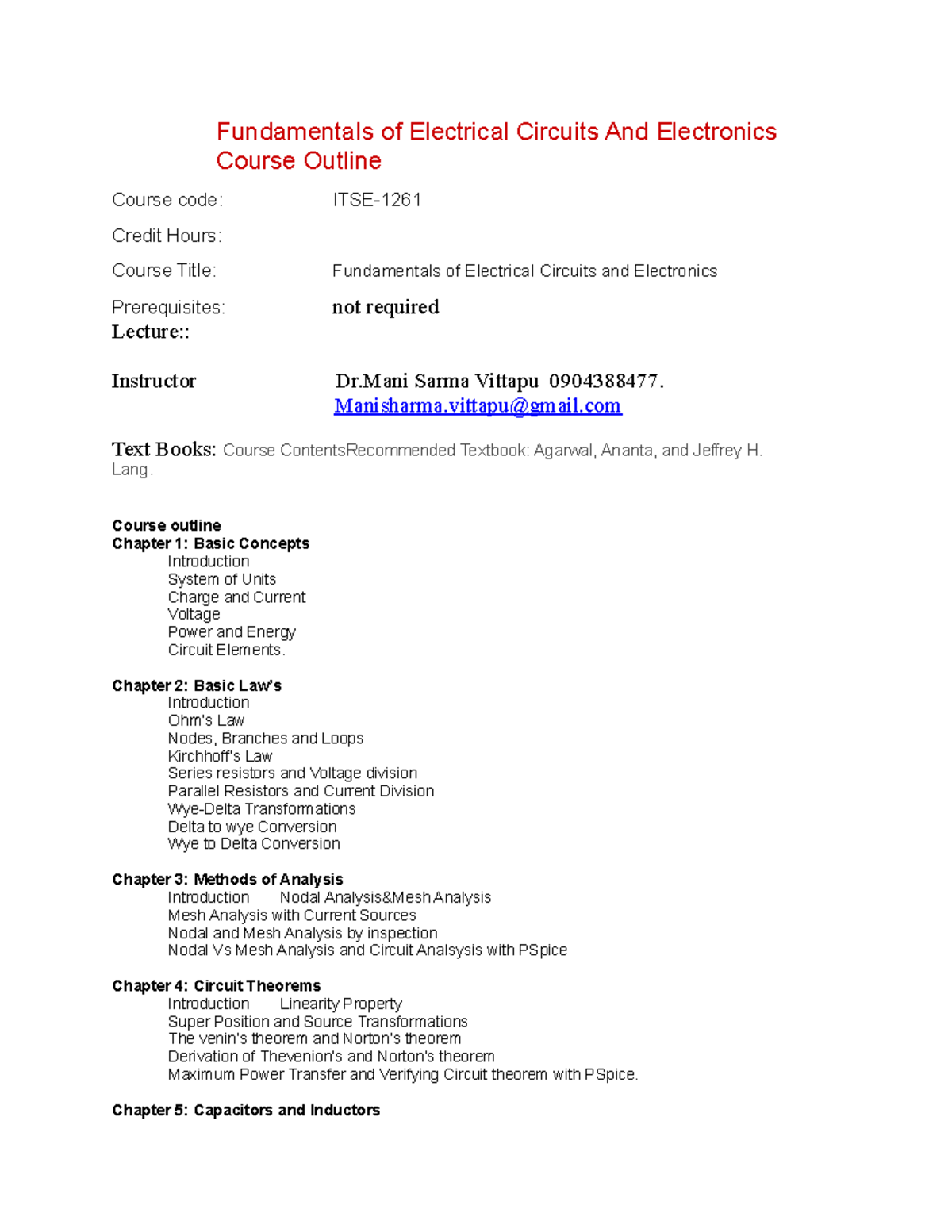 FEC&ECourse outline Nov2022 - Fundamentals of Electrical Circuits And ...