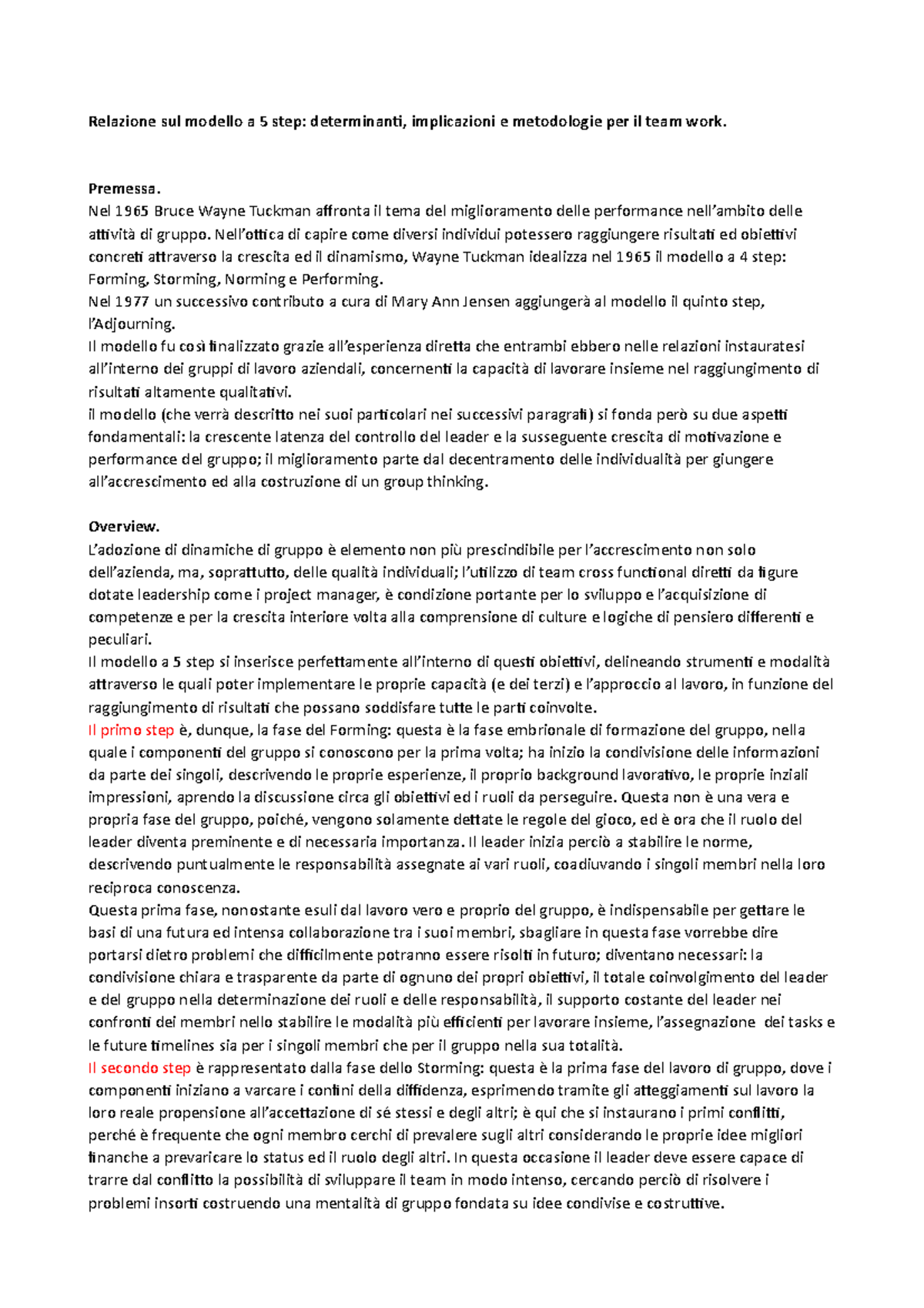 Relazione Team Work - Relazione sul modello a 5 step: determinanti ...