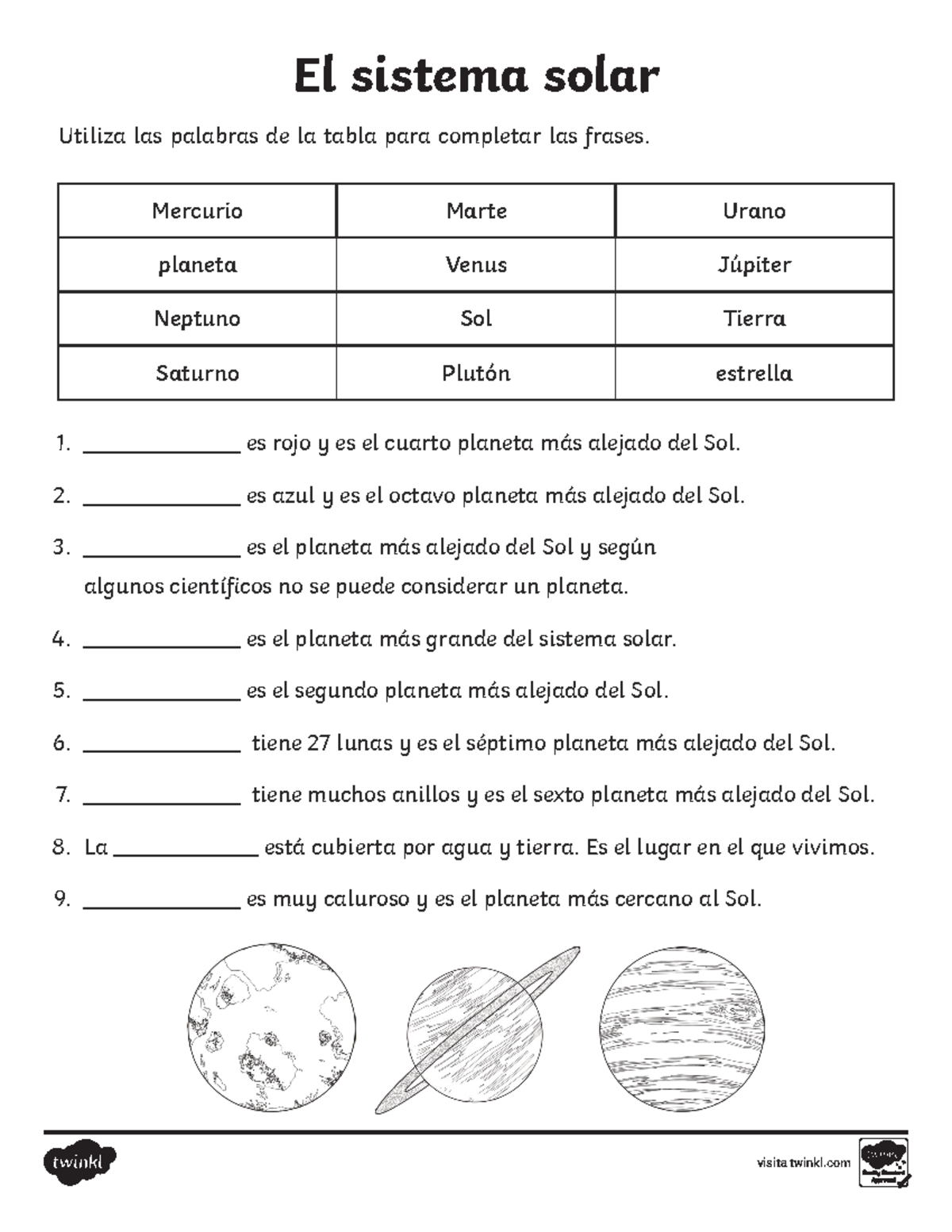 Ficha de actividad Los planetas del sistema solar - El sistema solar es ...