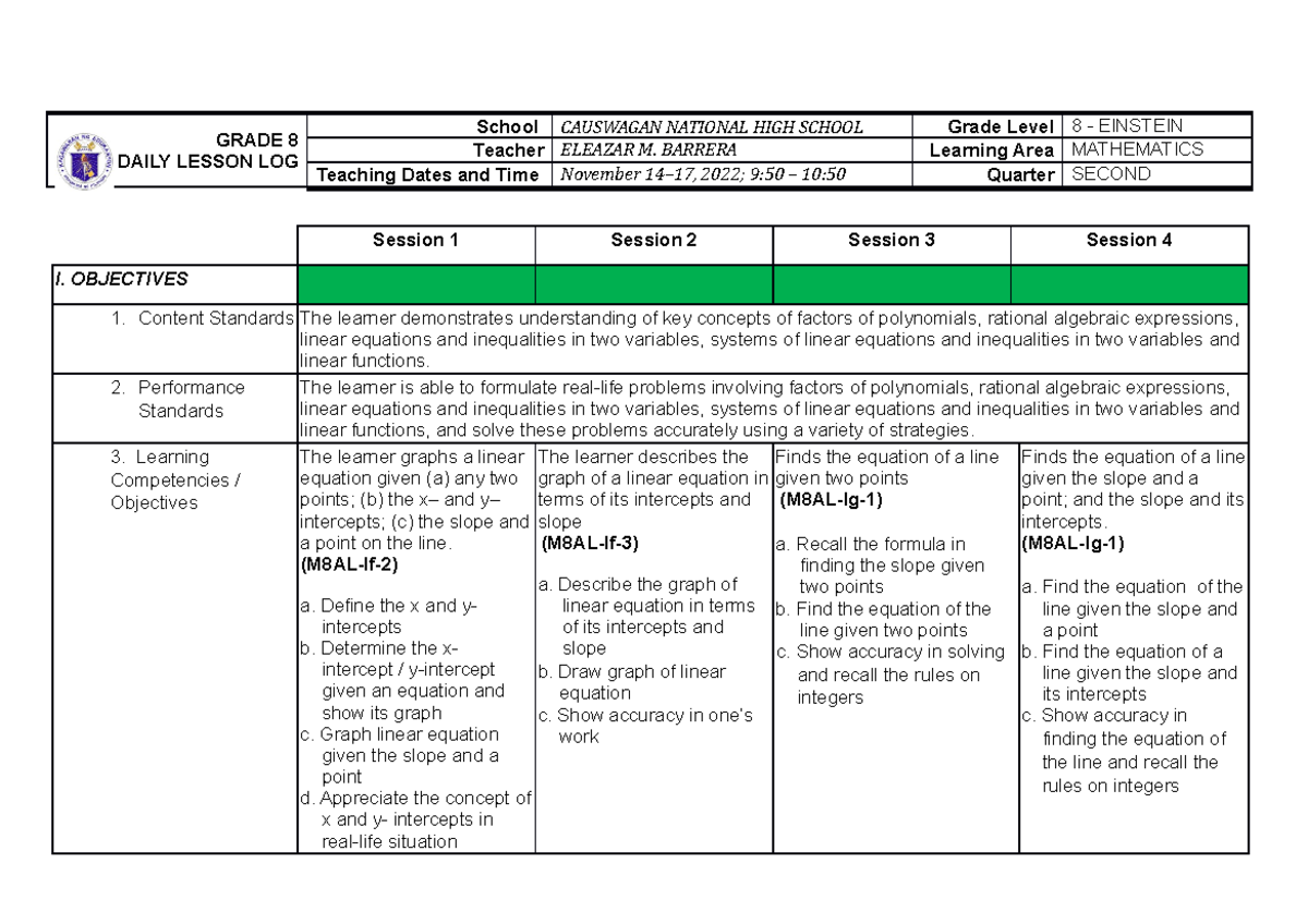 G8DLL Q1 W7 - n/a - GRADE 8 DAILY LESSON LOG School CAUSWAGAN NATIONAL ...