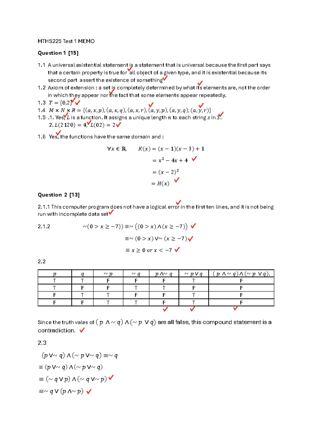 MTHS225 Test1 2024 Memo - MTHS225 Test 1 MEMO Question 1 [15] 1 A ...