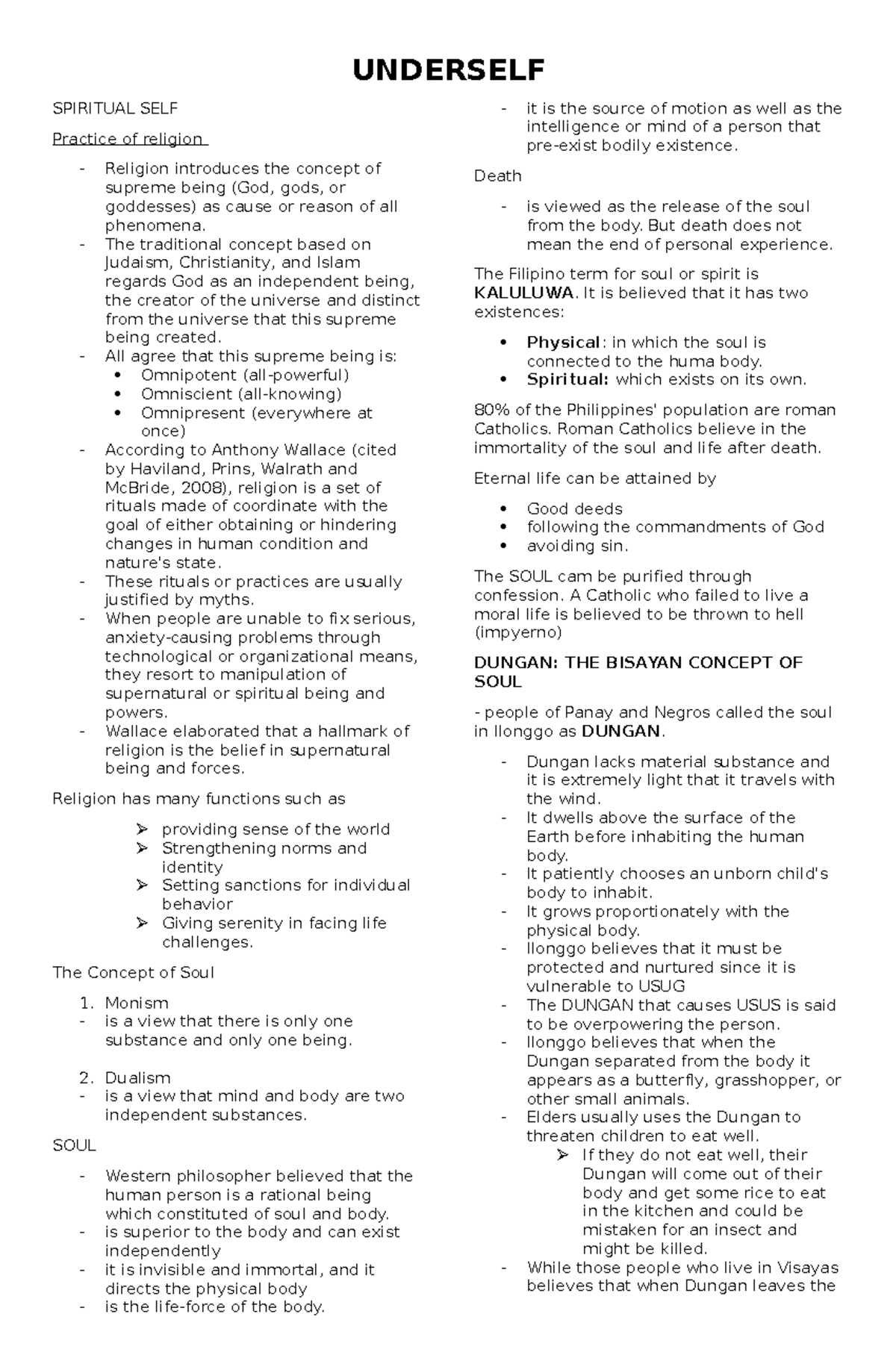 Spirtu a l Aspect OF THE SELF - UNDERSELF SPIRITUAL SELF Practice of ...