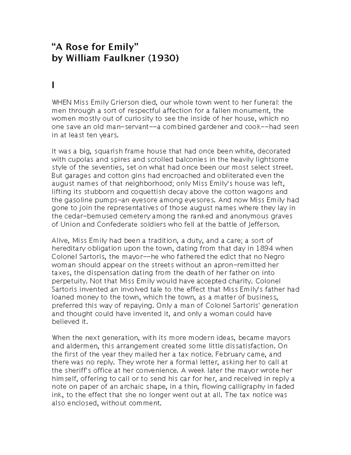 Faulkner- a Rose for Emily - “A Rose for Emily” by William Faulkner ...