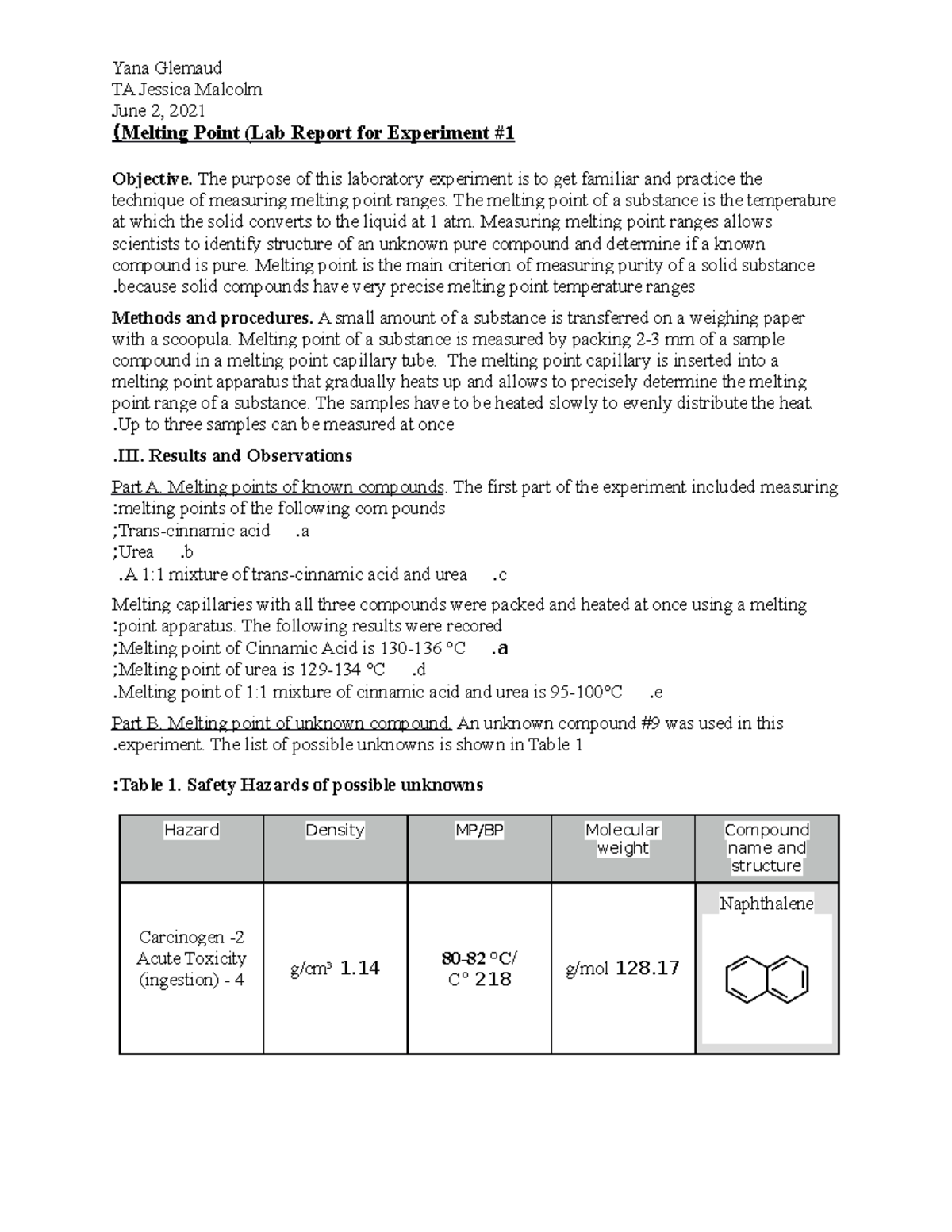 Lab Report 1 Melting Point Copy Ta Jessica Malcolm June 2 2021 Melting Point Lab Report