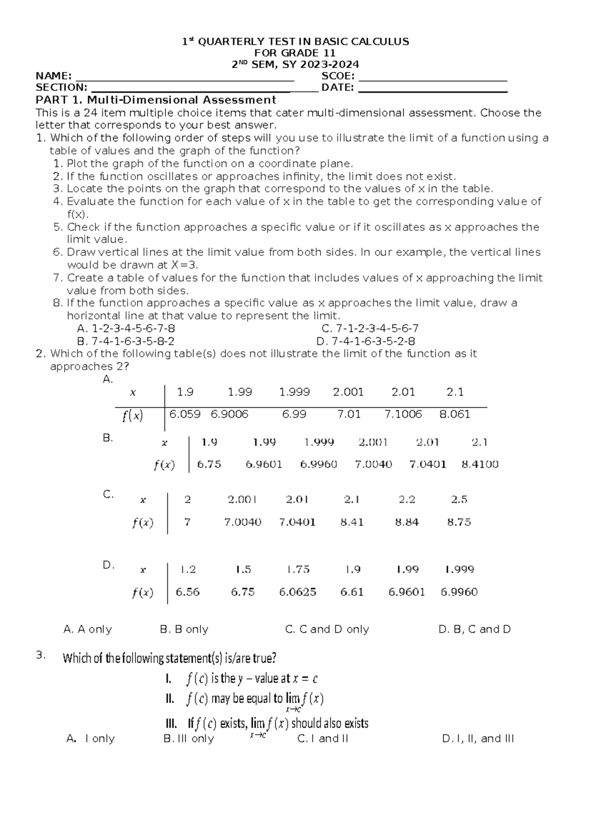 3rd Quarter Exam - 1 st QUARTERLY TEST IN BASIC CALCULUS FOR GRADE 11 2 ...