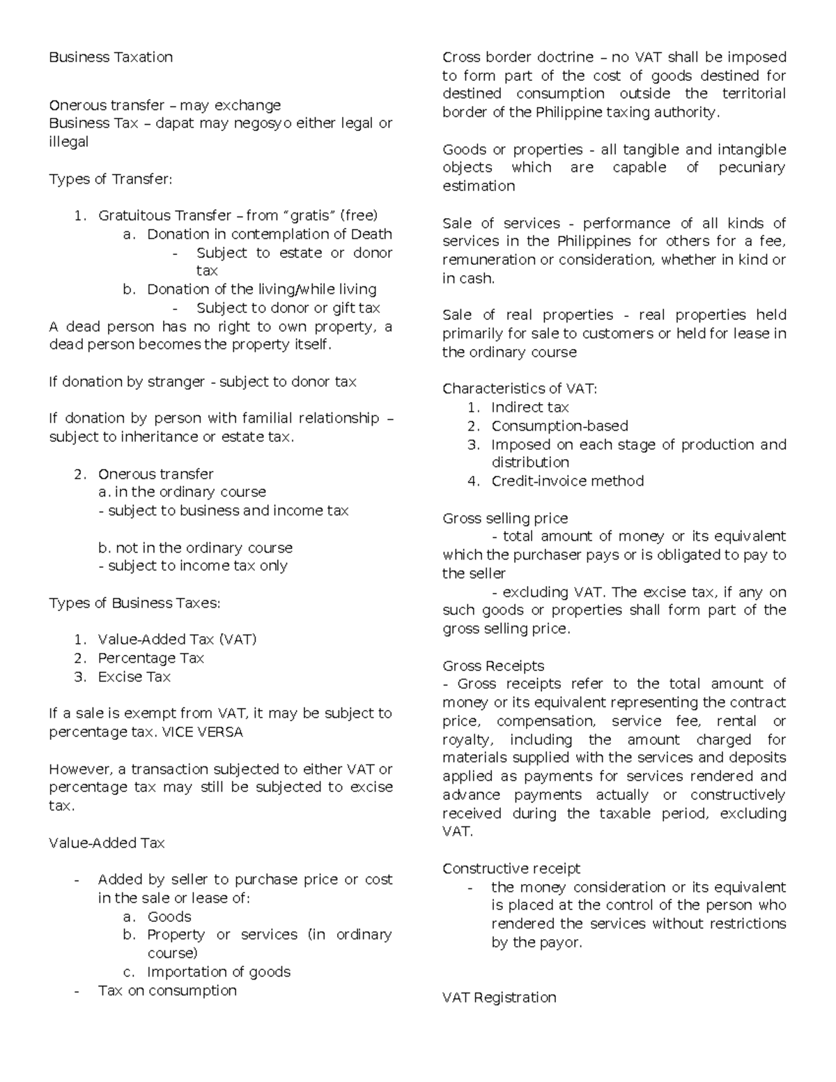 Business Taxation Notes - Business Taxation Onerous transfer – may ...