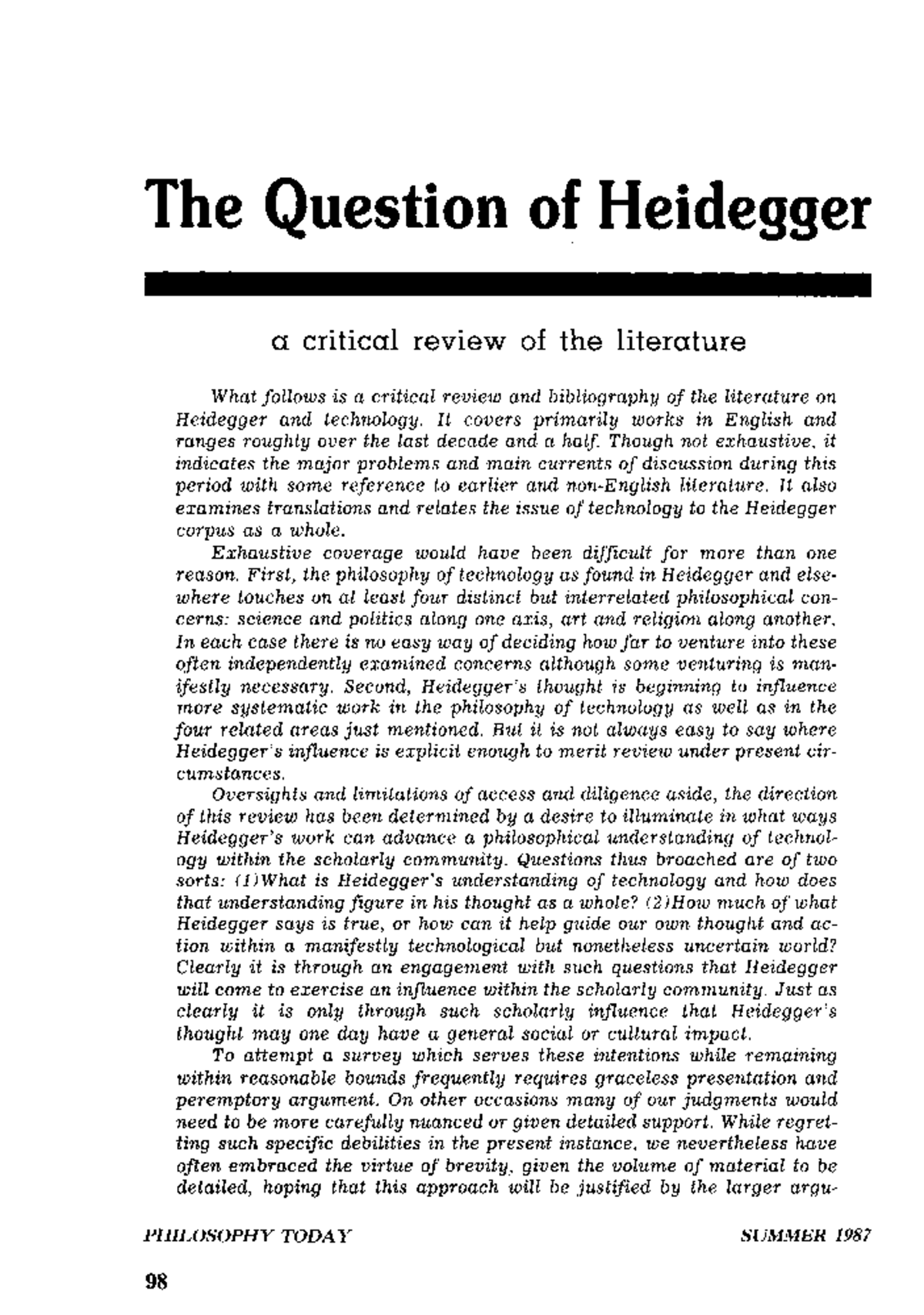 Borgmann - The Question of Heidegger and Technology. A critical review ...