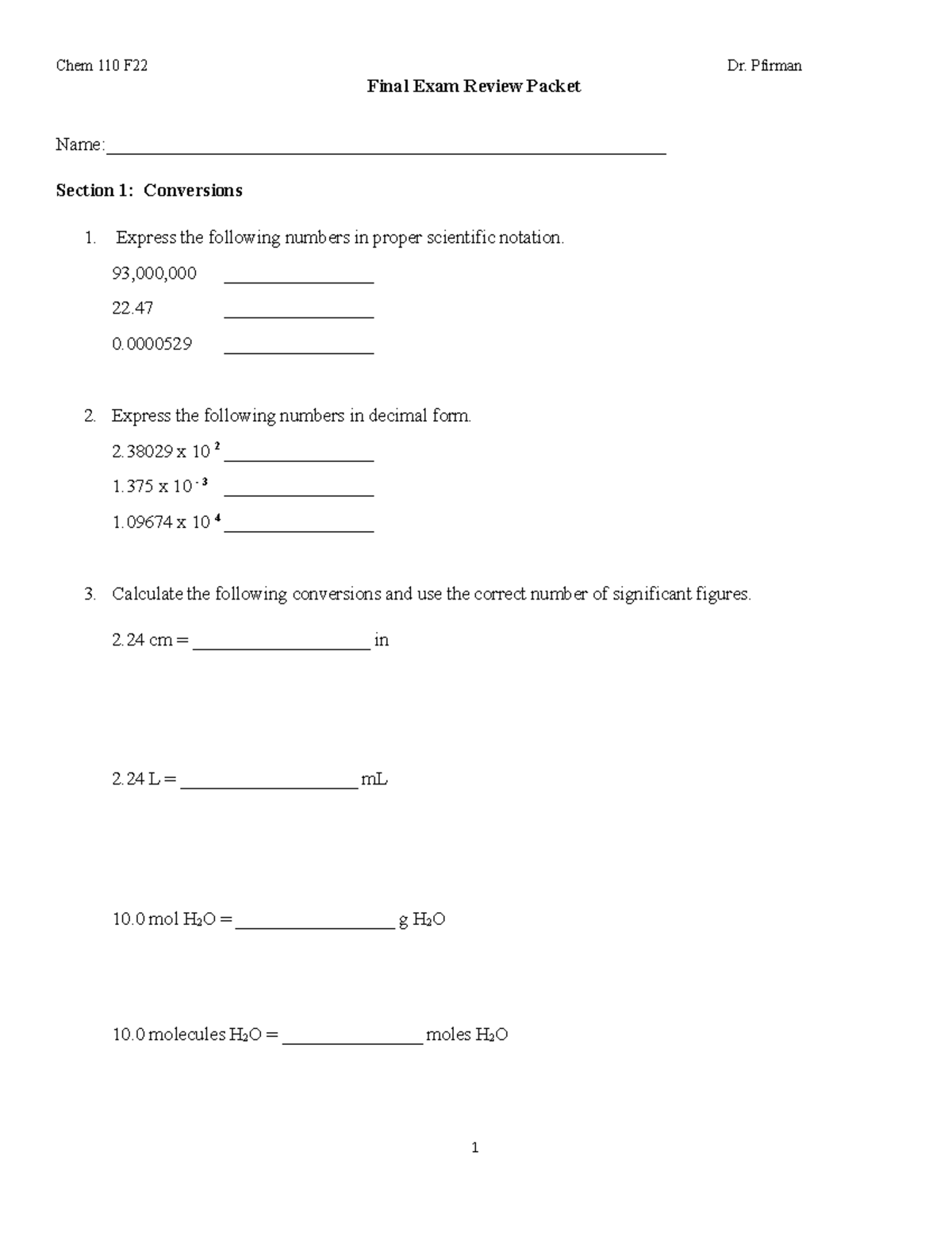 CHM 110 Final Exam Review F22 - Final Exam Review Packet - Studocu