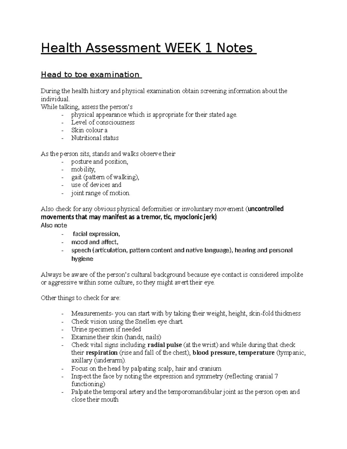 Health Assessment WEEK 1 Notes - Health Assessment WEEK 1 Notes Head to ...