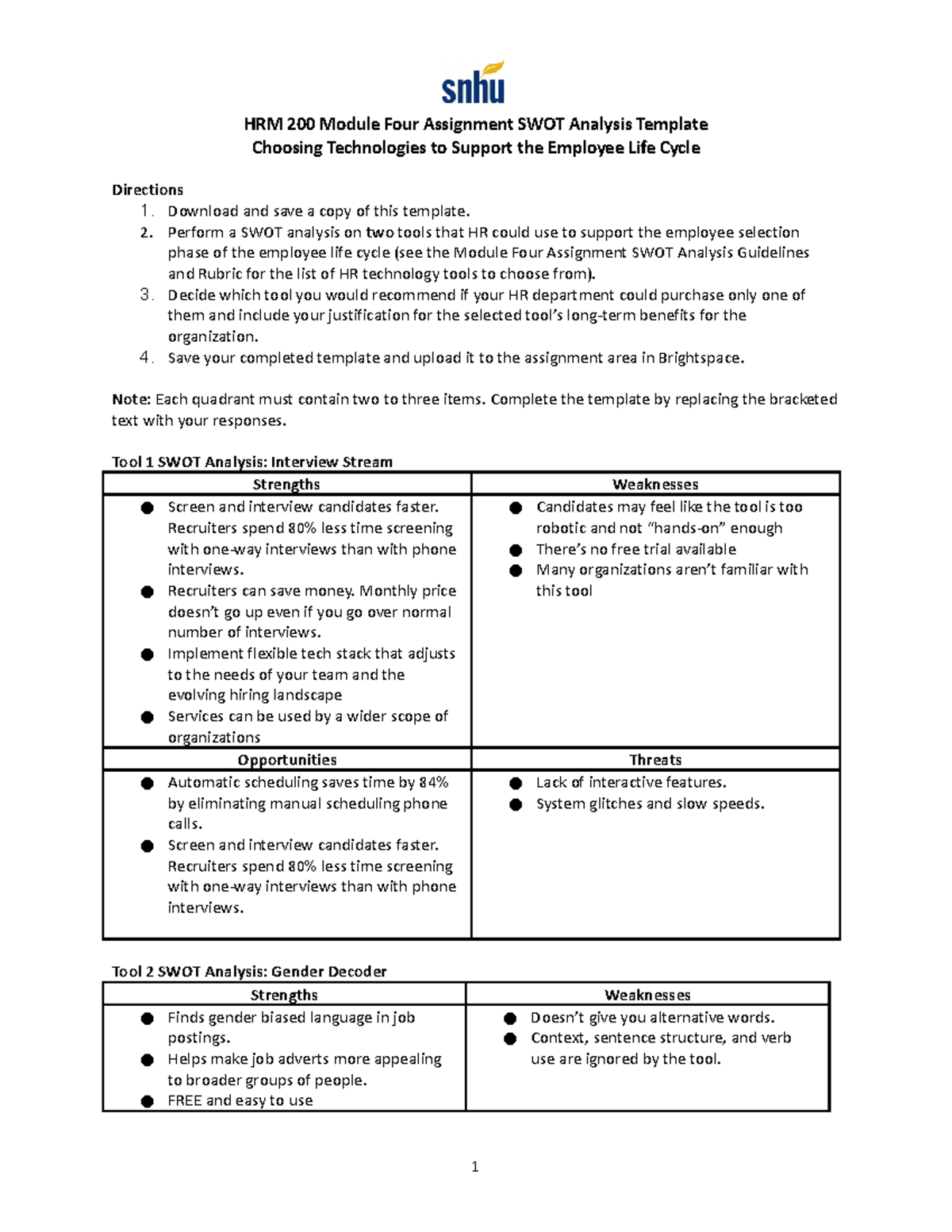 Ayleen HRM 200 Module Four Assignment SWOT Analysis Template - HRM 200 Module Four Assignment ...