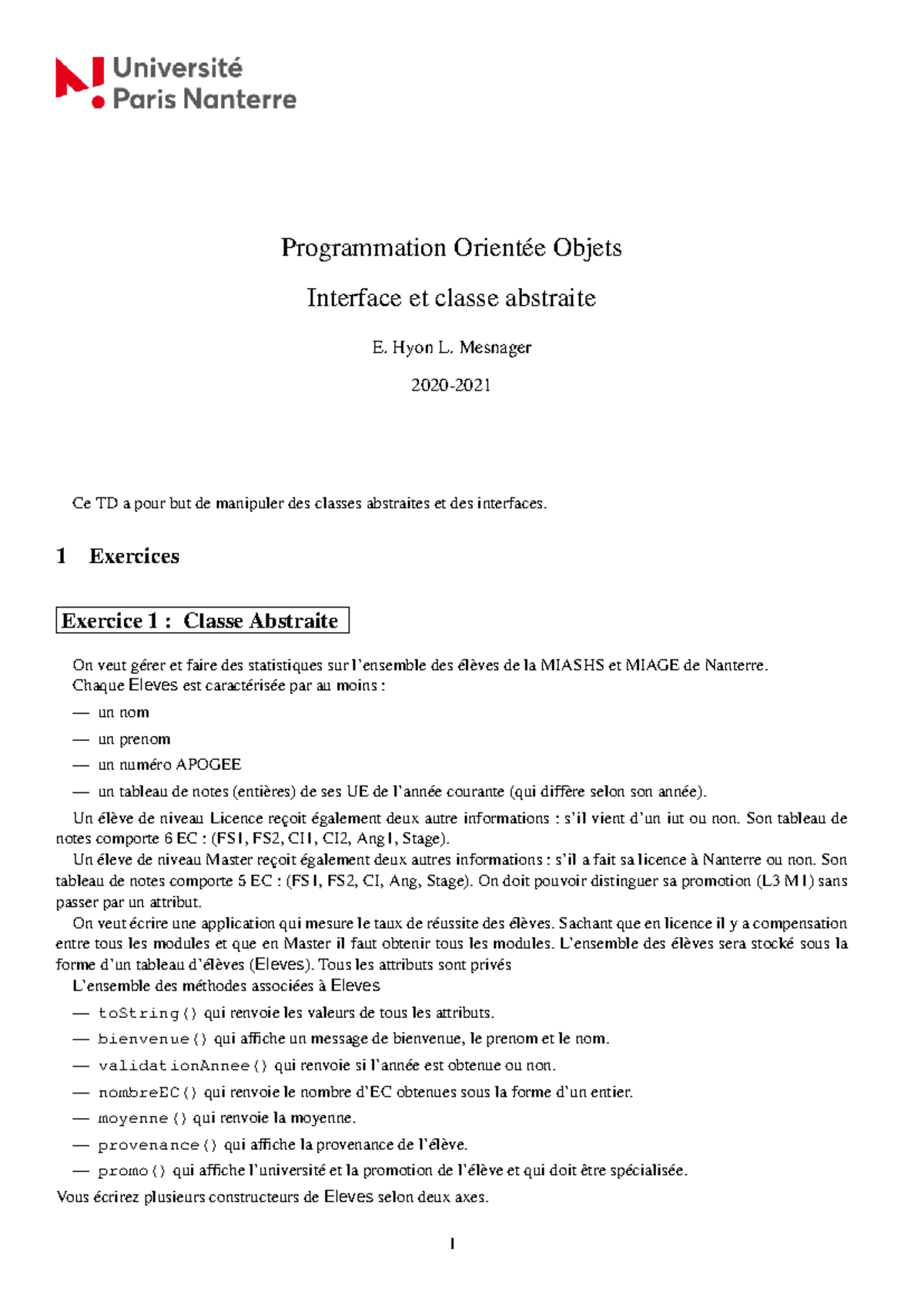 TD6 - Programmation Orientée Objets Interface et classe abstraite E ...