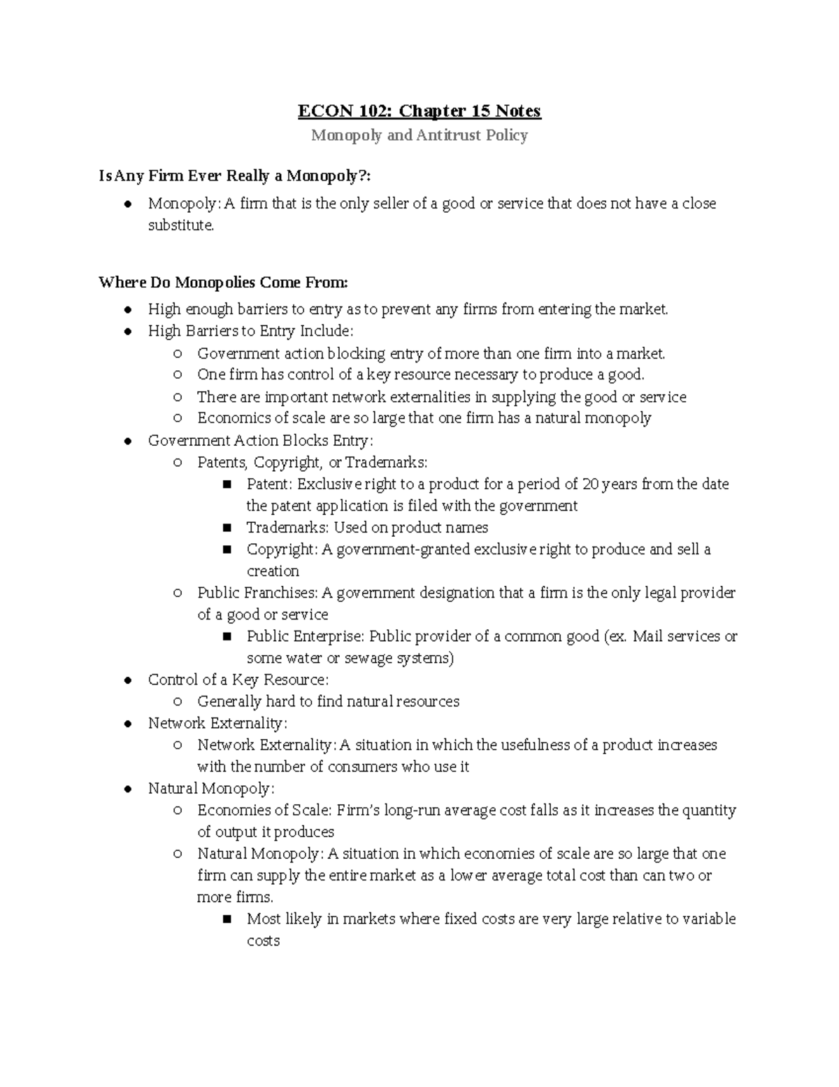 ECON 102 Chapter 15 Notes - ECON 102: Chapter 15 Notes Monopoly and ...