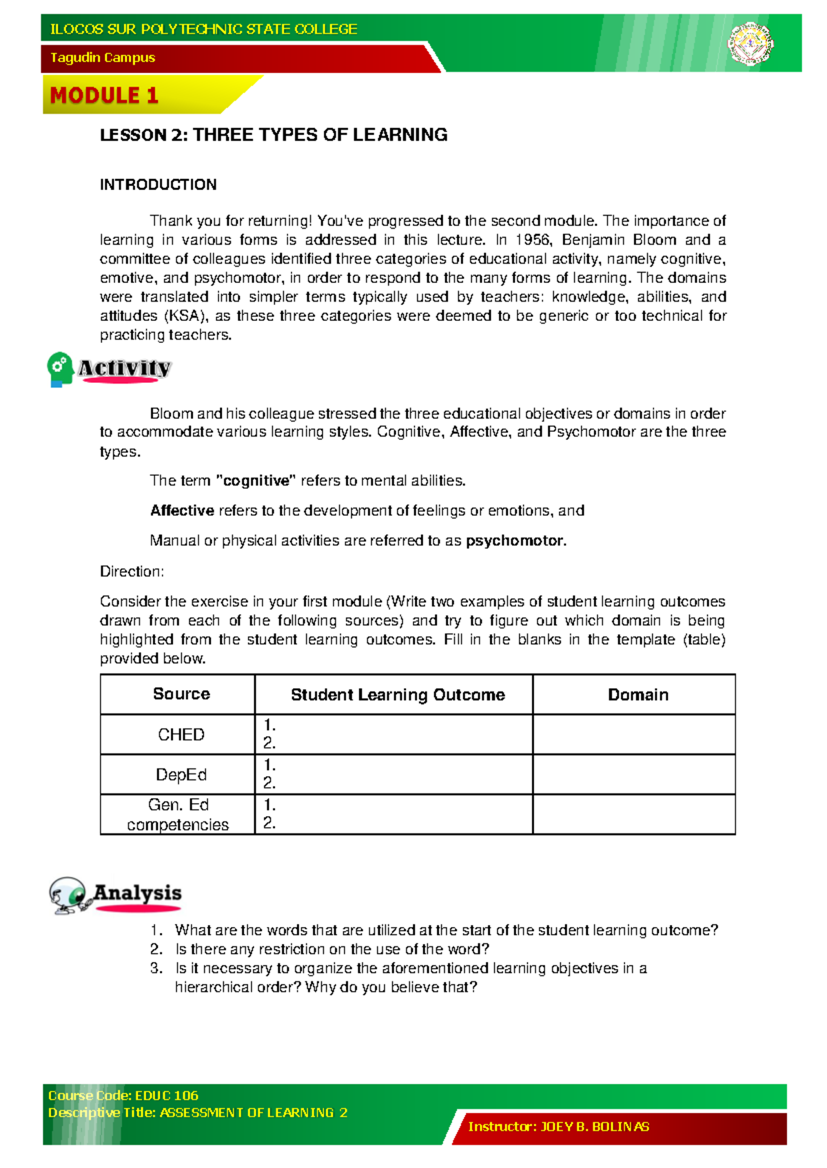 Lesson 2 - Please keep it - Course Code: EDUC 106 Descriptive Title ...