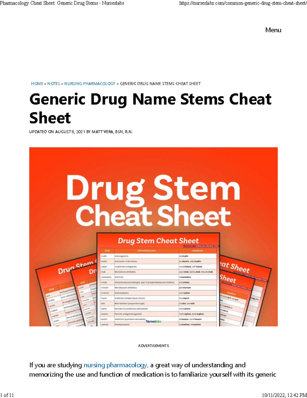 Pharmacology Cheat Sheet Generic Drug Stems - Nurseslabs - HOME » NOTES ...
