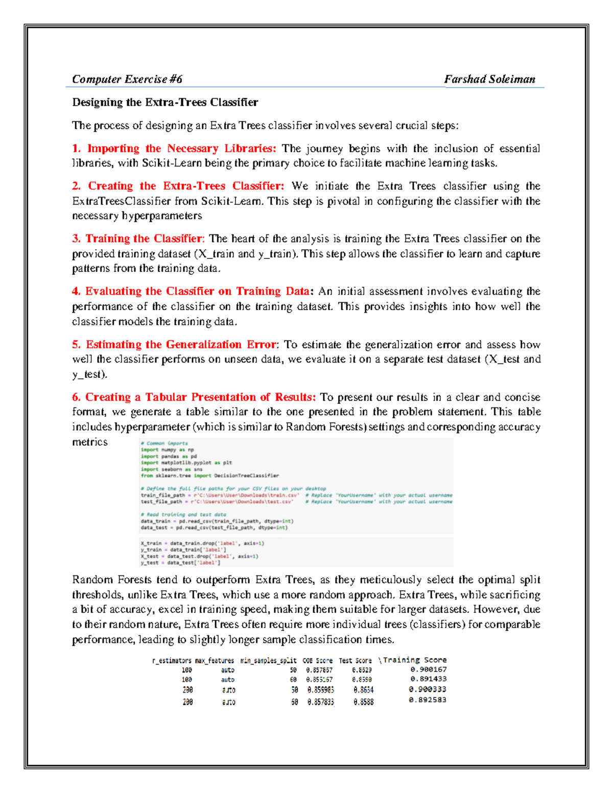 Computer Exercise 6 - Creating the Extra-Trees Classifier: We initiate ...