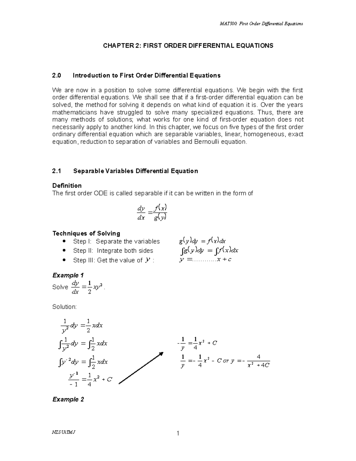 Chapter TWO MAT300 - CHAPTER 2: FIRST ORDER DIFFERENTIAL EQUATIONS 2 ...