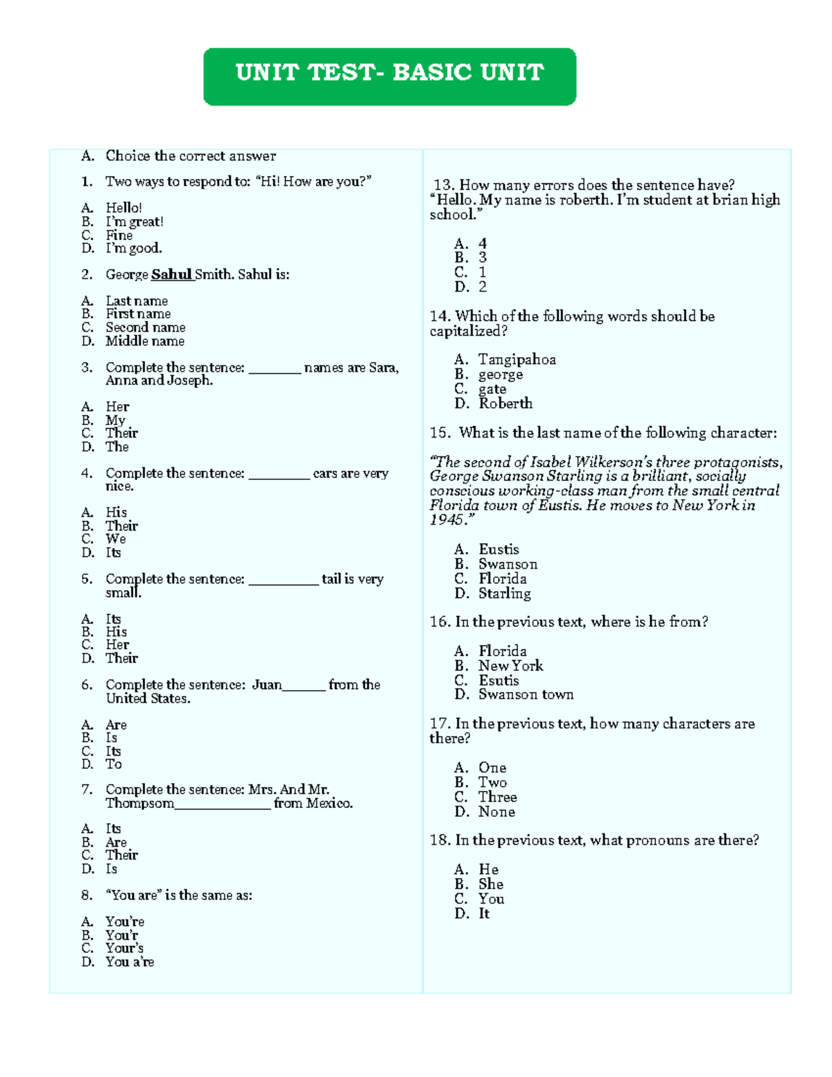 UNIT TEST- English in Action Packet 1 - A. Choice the correct answer 1 ...