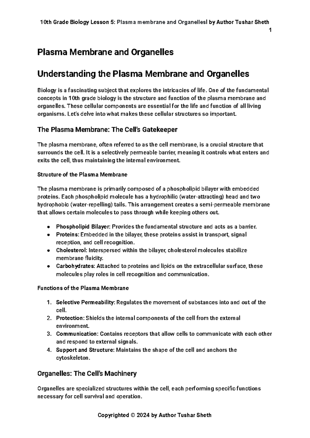 10th Grade Biology Lesson 5 Plasma membrane and Organelles - One of the ...