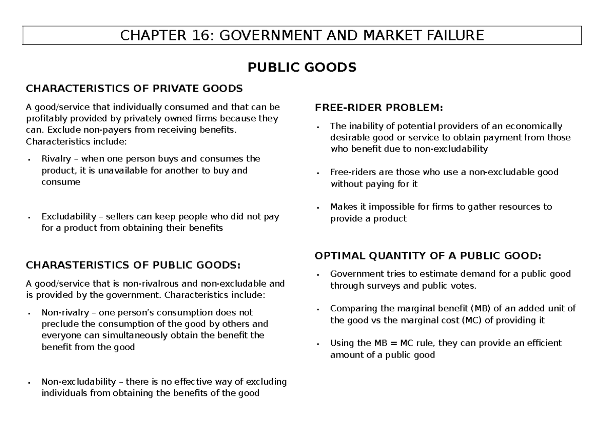 Chapter 16 - Summaries - CHAPTER 16: GOVERNMENT AND MARKET FAILURE ...