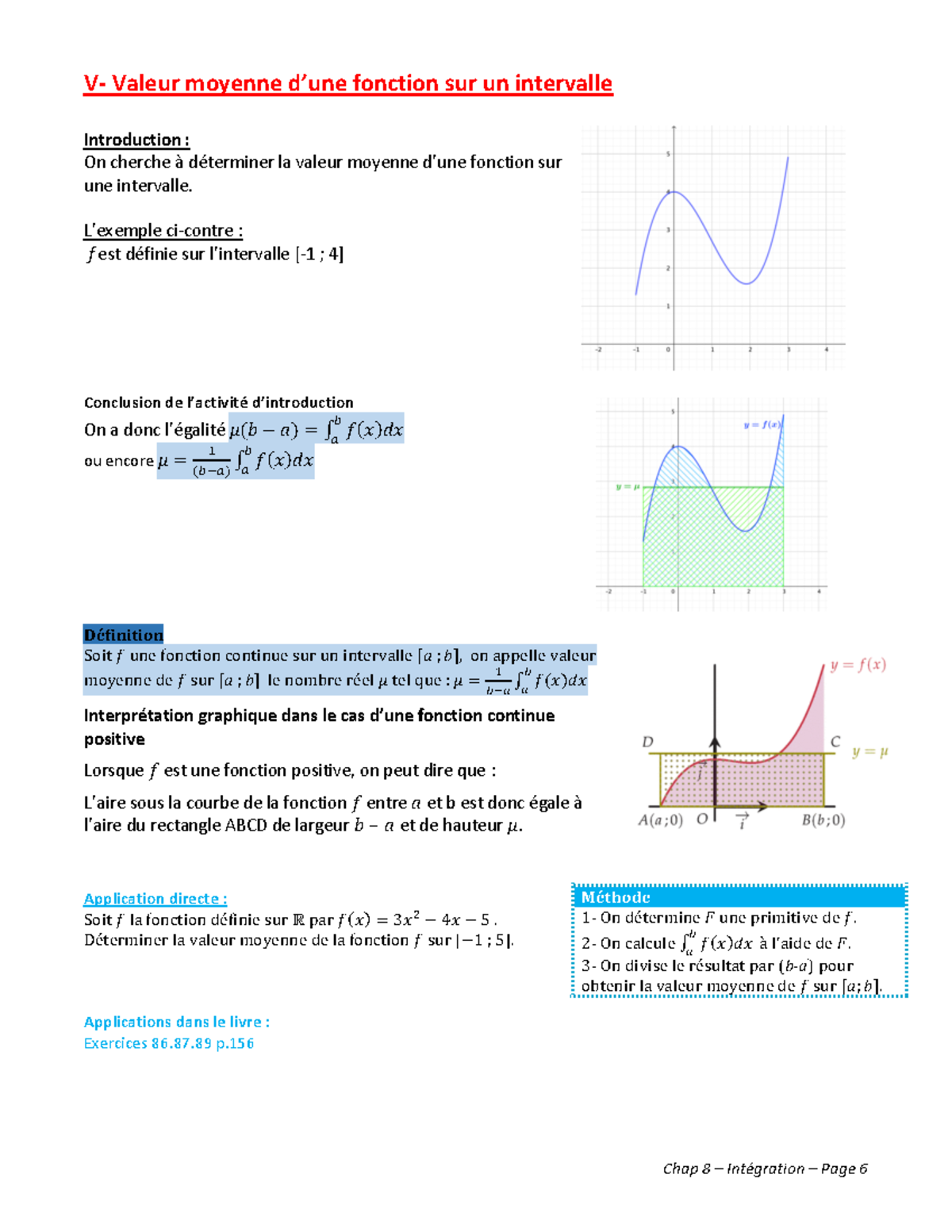 Intégration, valeur moyenne d'une fonction sur un intervalle, maths ...