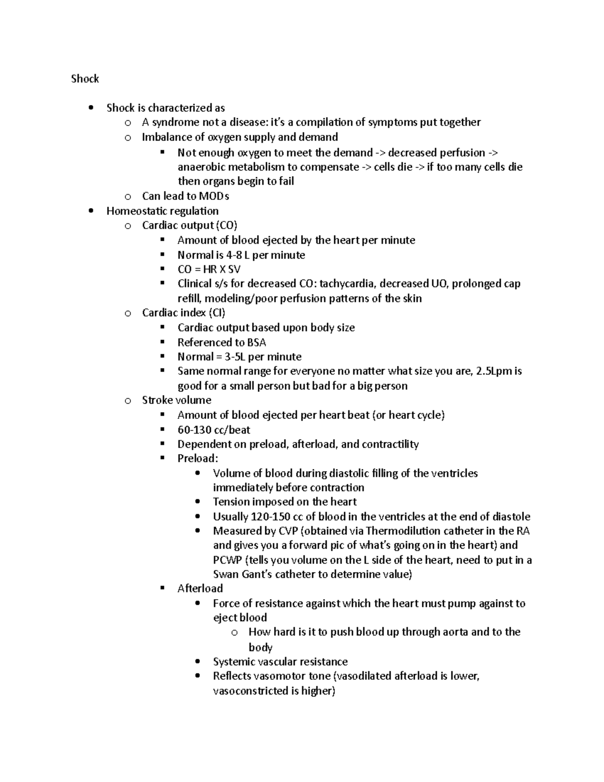Shock - Dr. Miller lecture notes - Shock Shock is characterized as o A ...
