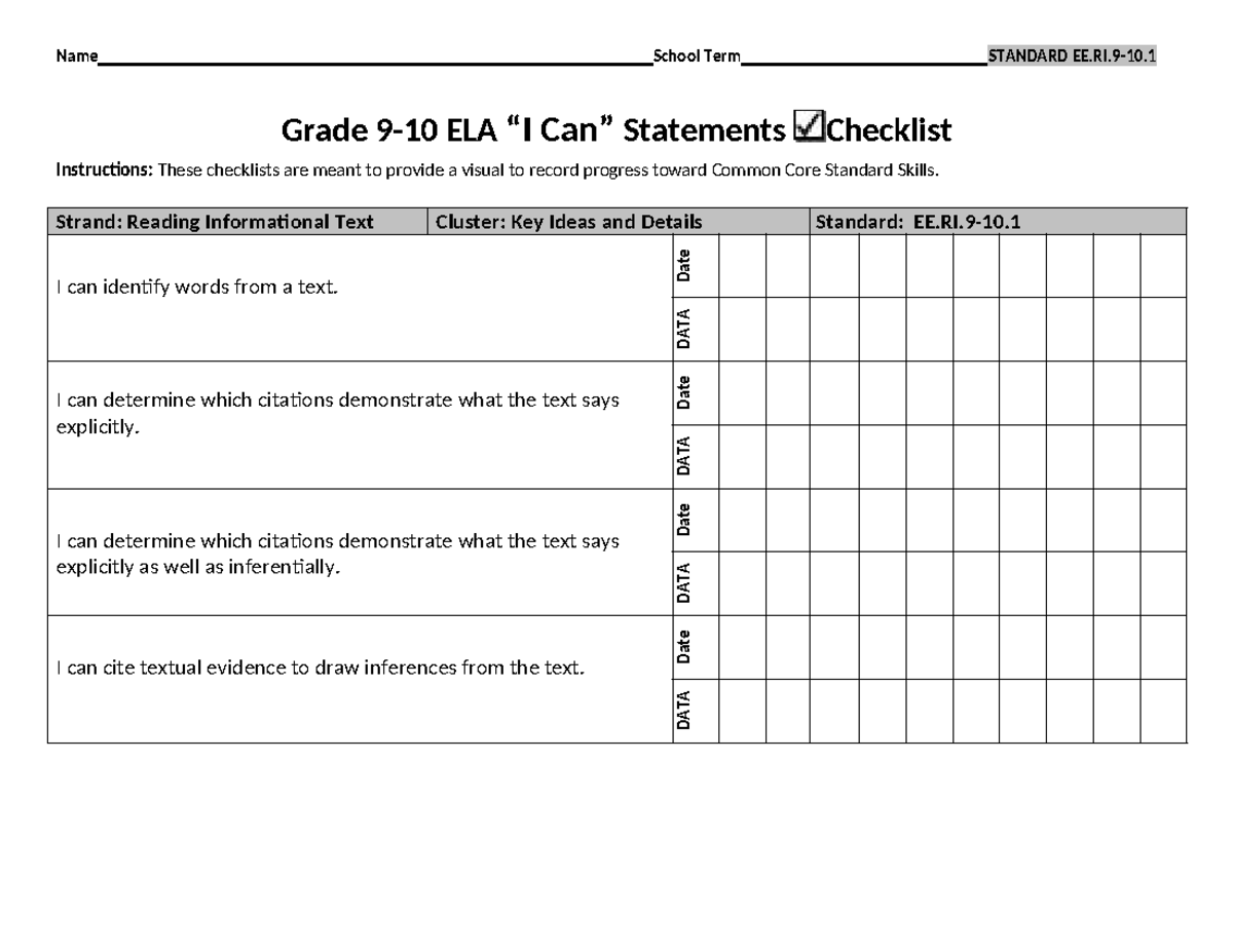 ELA-9-10-I-Can checklist - Name School Term STANDARD EE.RI-10. Grade 9 ...