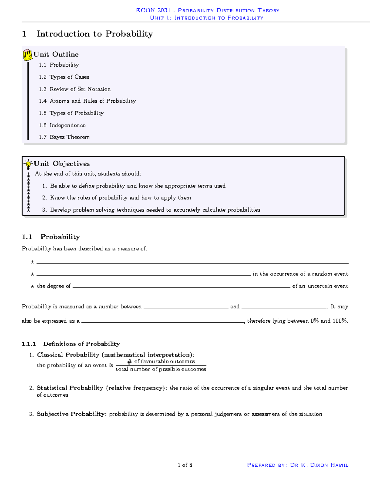 Introduction to prob theory - Unit 1: Introduction to Probability 1 Introduction to Probability ...