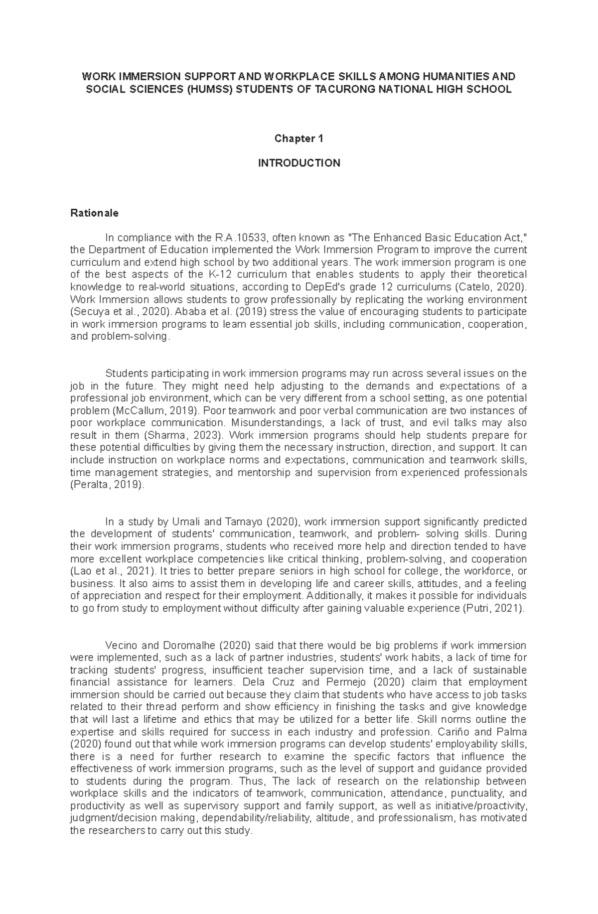 Research Example - WORK IMMERSION SUPPORT AND WORKPLACE SKILLS AMONG ...