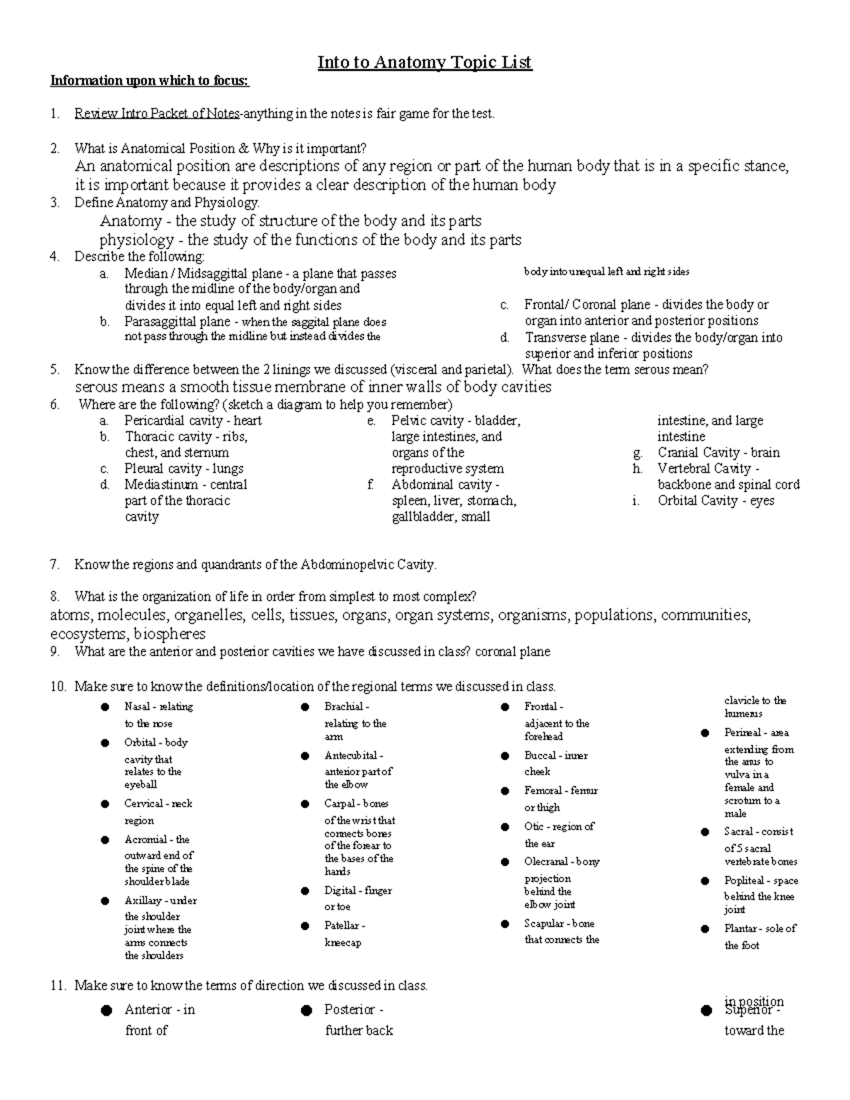 Copy of Intro to Anatomy Topic List 2022 - Into to Anatomy Topic List ...