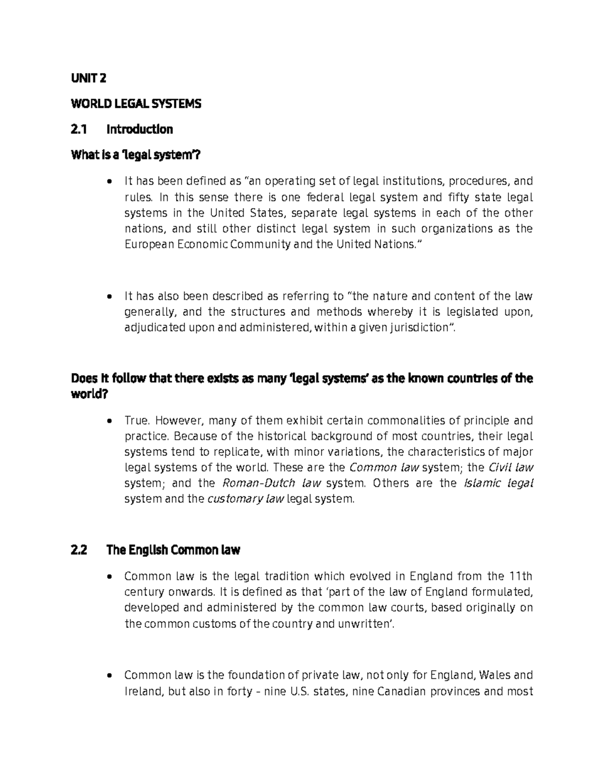 Legal context UNIT 2 - UNIT 2 WORLD LEGAL SYSTEMS 2 Introduction What ...