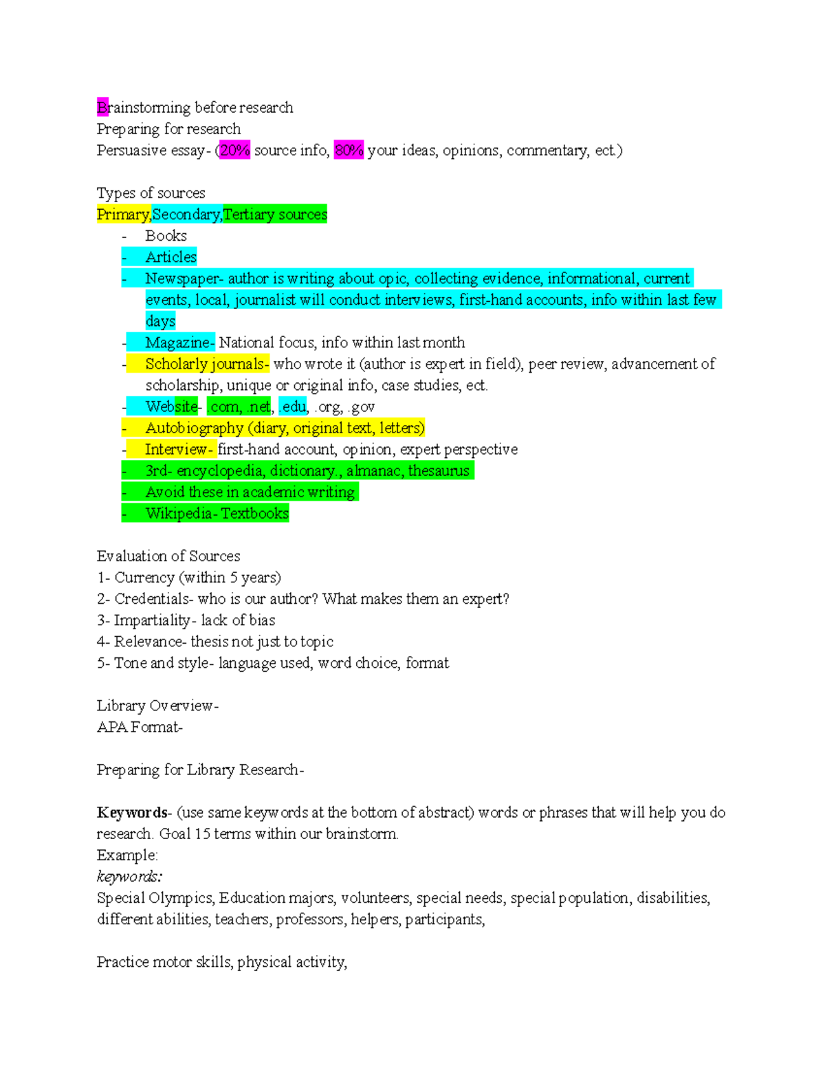 ENGL- Notes 10 - Brainstorming before research Preparing for research ...