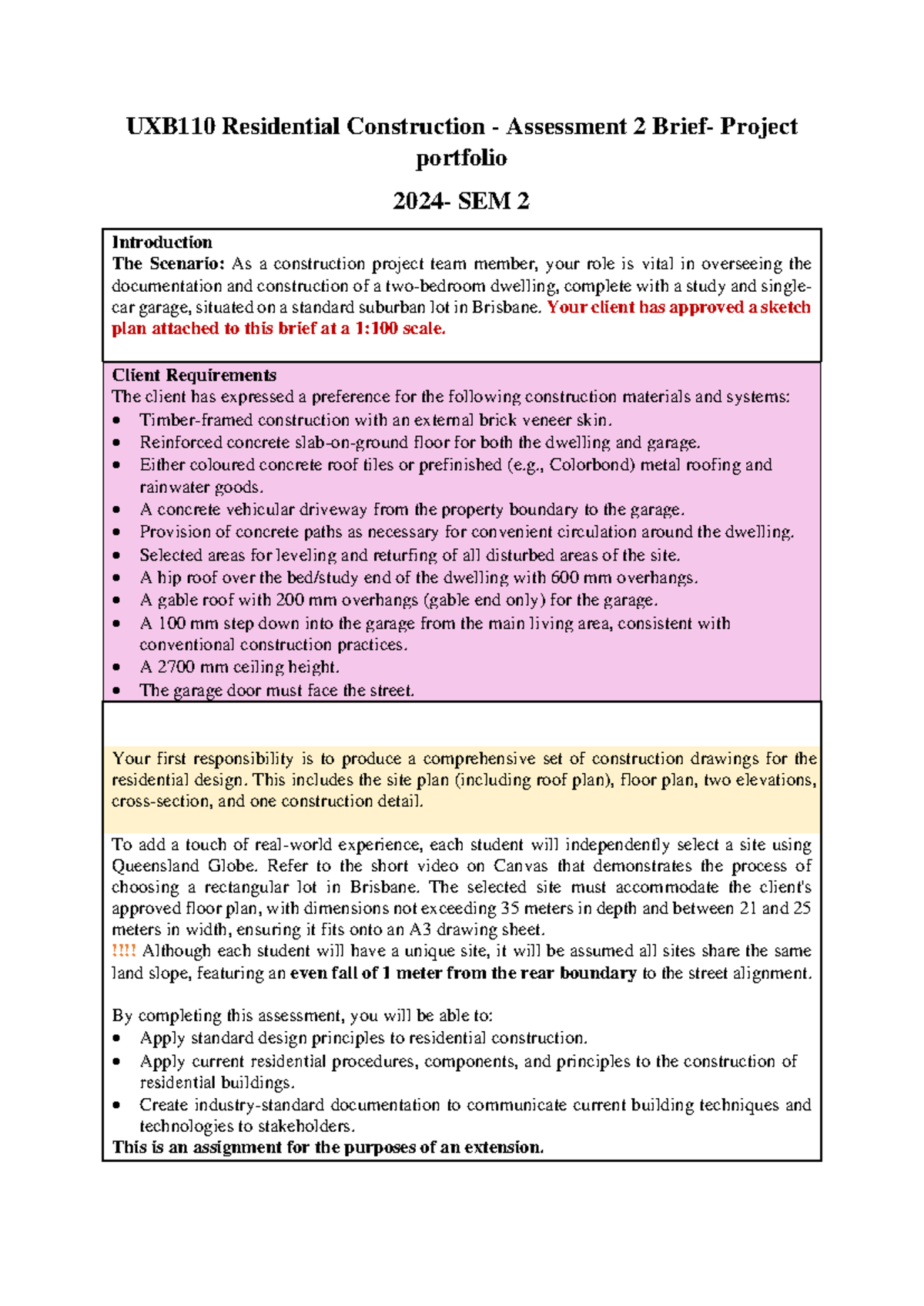 UXB110 Assignment Brief - UXB110 Residential Construction - Assessment ...