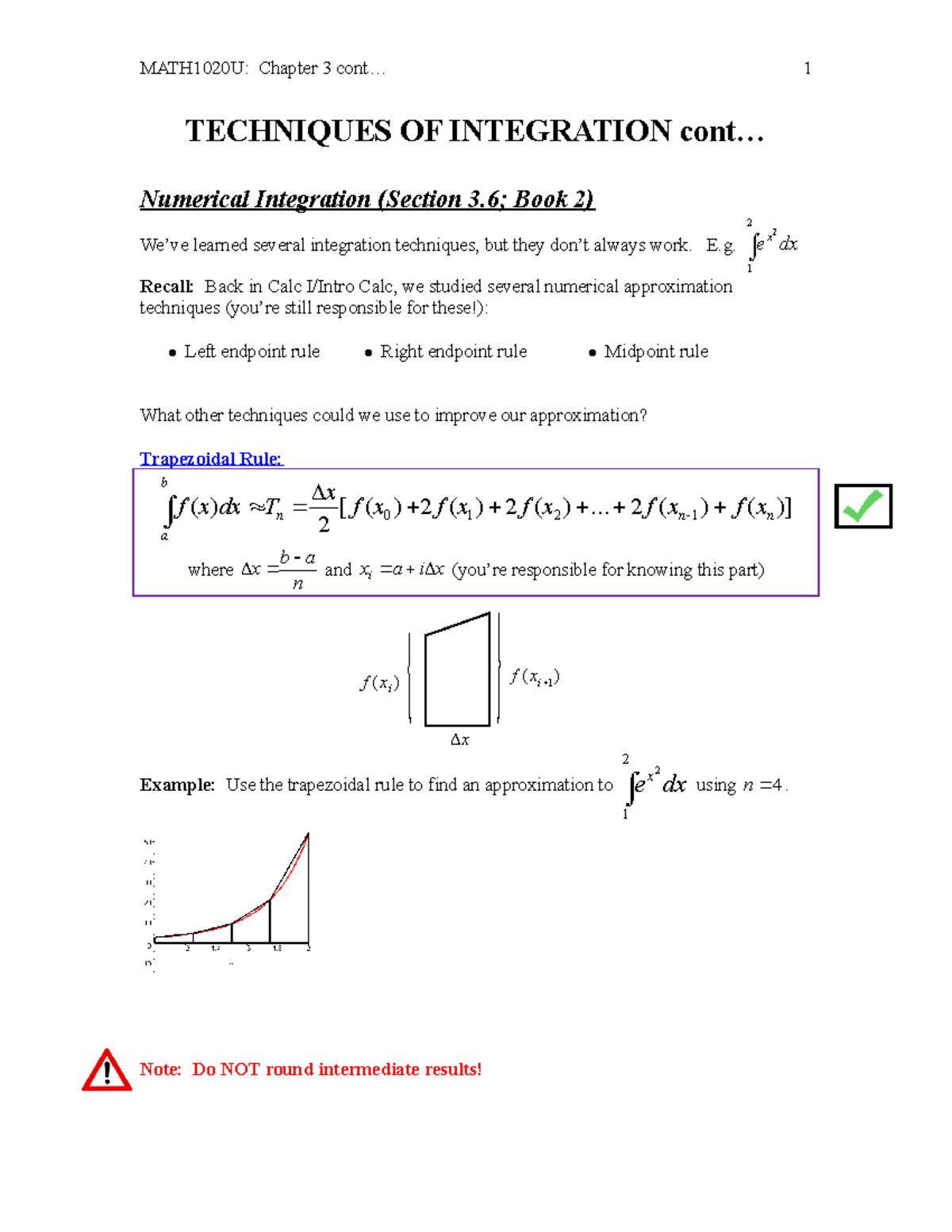 Pre-Lecture six - TECHNIQUES OF INTEGRATION cont... Numerical ...