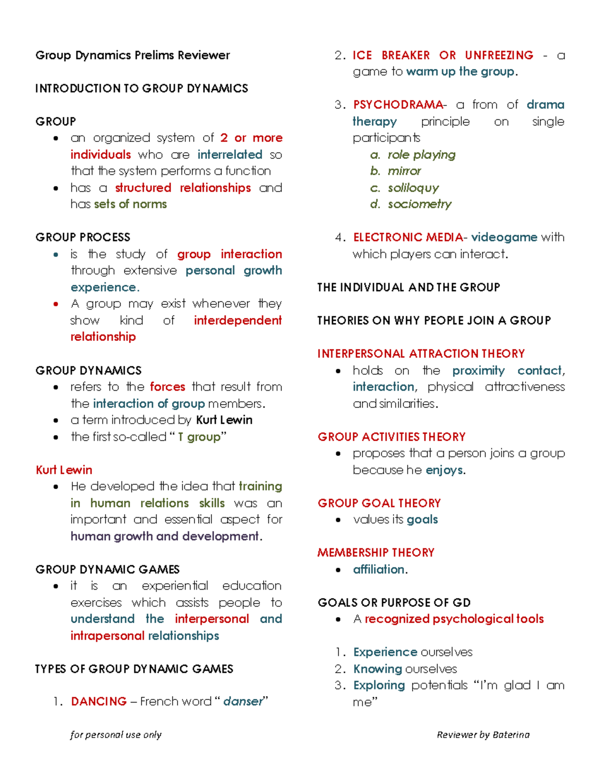 Group Dynamics Prelims Reviewer - Group Dynamics Prelims Reviewer INTRODUCTION TO GROUP DYNAMICS ...