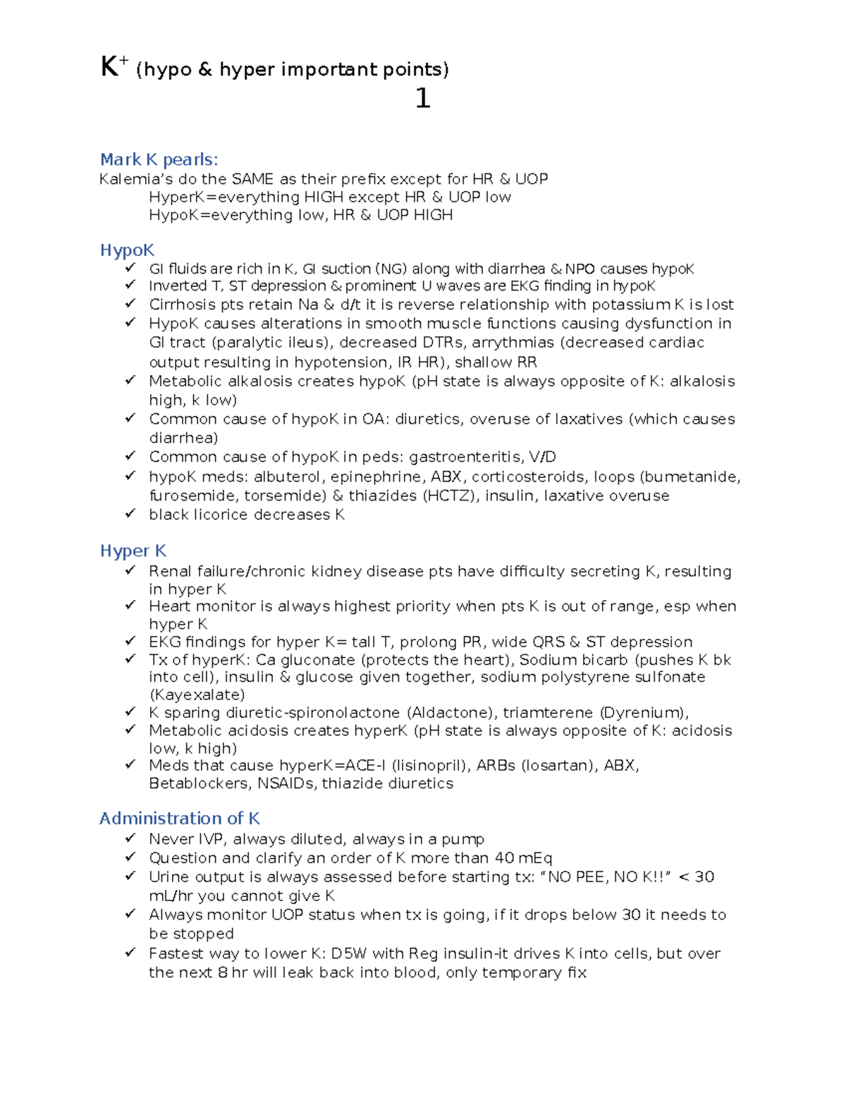 Potassium important points - K + (hypo & hyper important points) 1 Mark ...