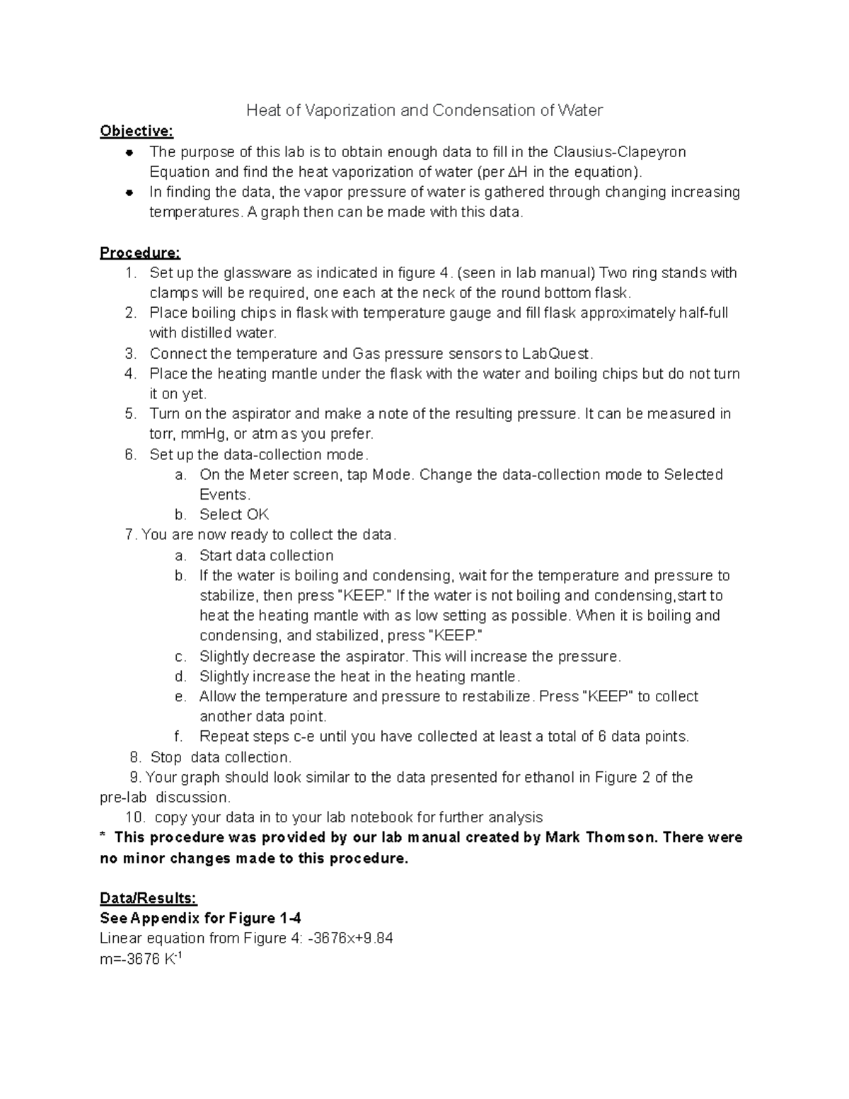Lab Report 6 - Professor: Mark Thomson, PhD - Heat of Vaporization and ...