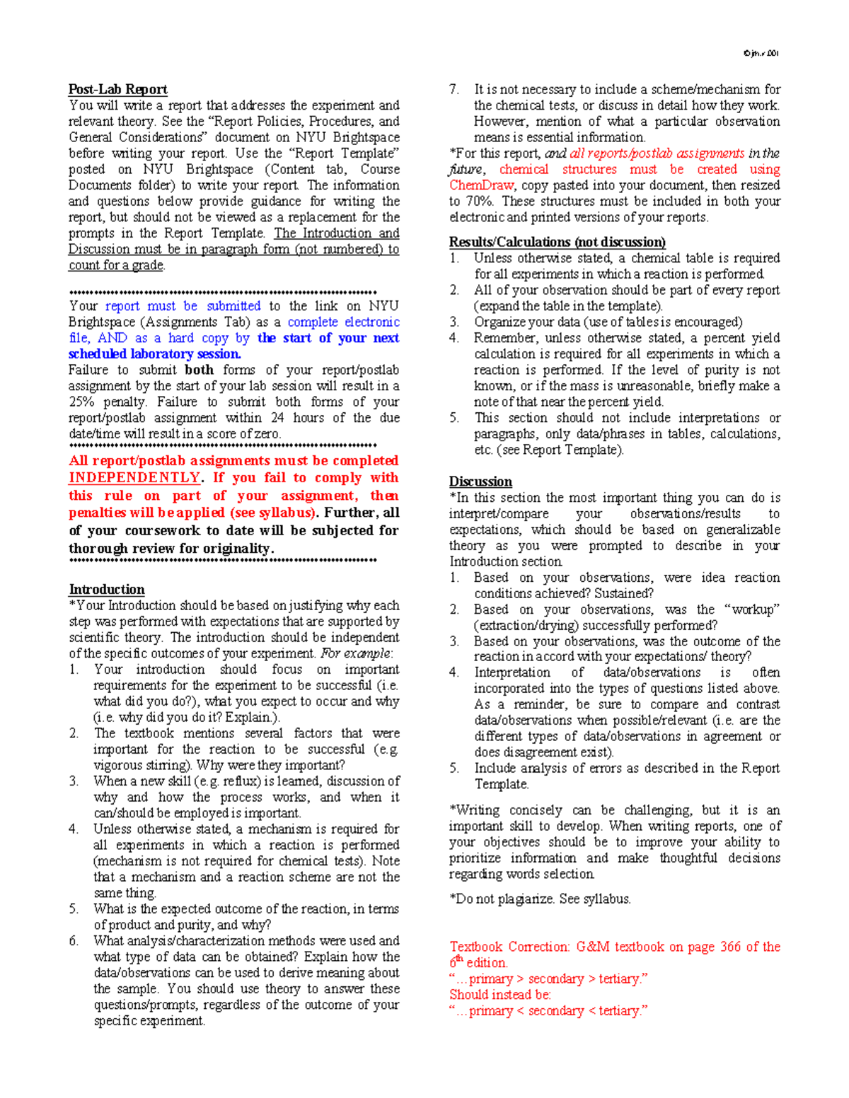 FA23 CHEM 225 Exp4 Addition Report Guidance 001 - ©jth. Post-Lab Report ...