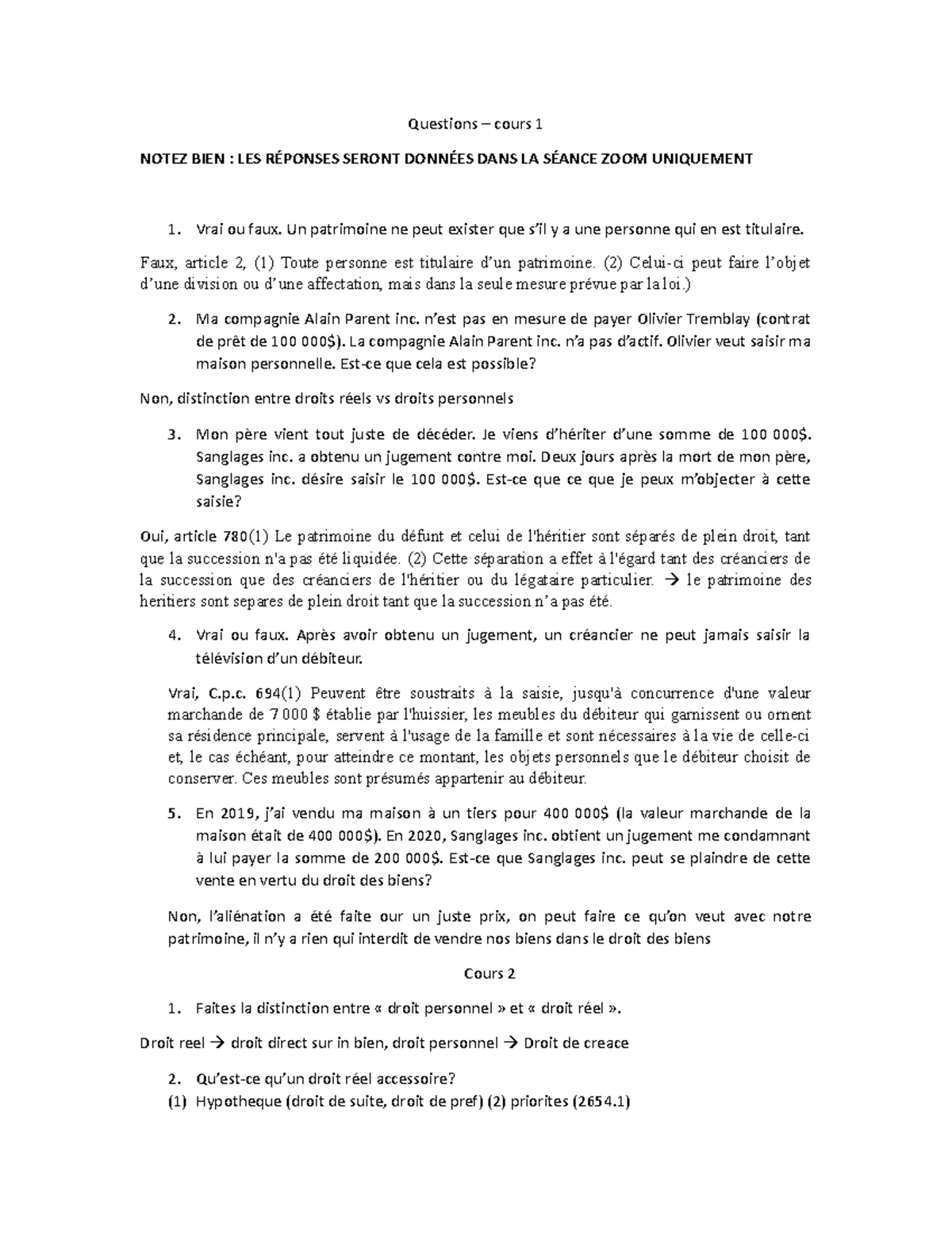 Cours 1-3 (1) biens - alain parent - Questions – cours 1 NOTEZ BIEN ...
