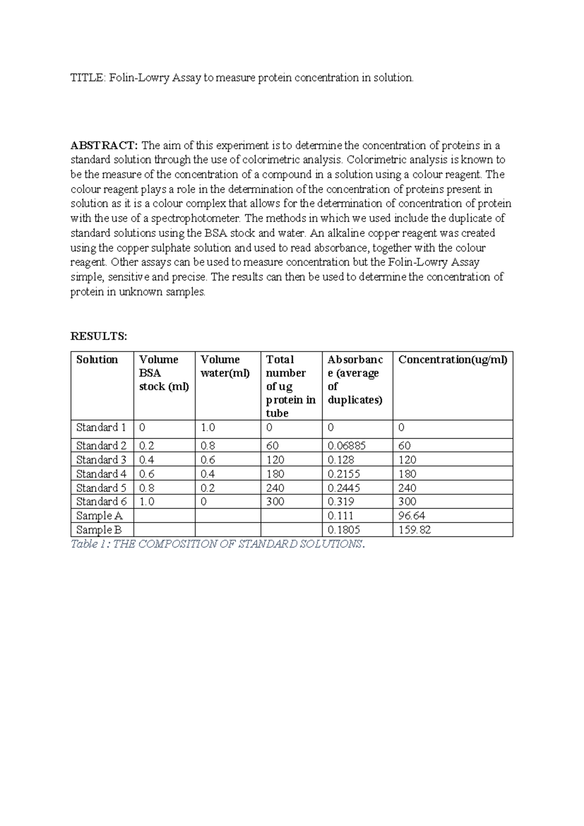 Biochem prac report - TITLE: Folin-Lowry Assay to measure protein ...