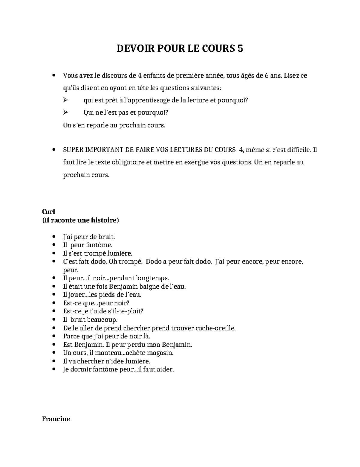 Devoir 3 cours 5 - Travailler syntaxe - DEVOIR POUR LE COURS 5 Vous avez le discours de 4 ...