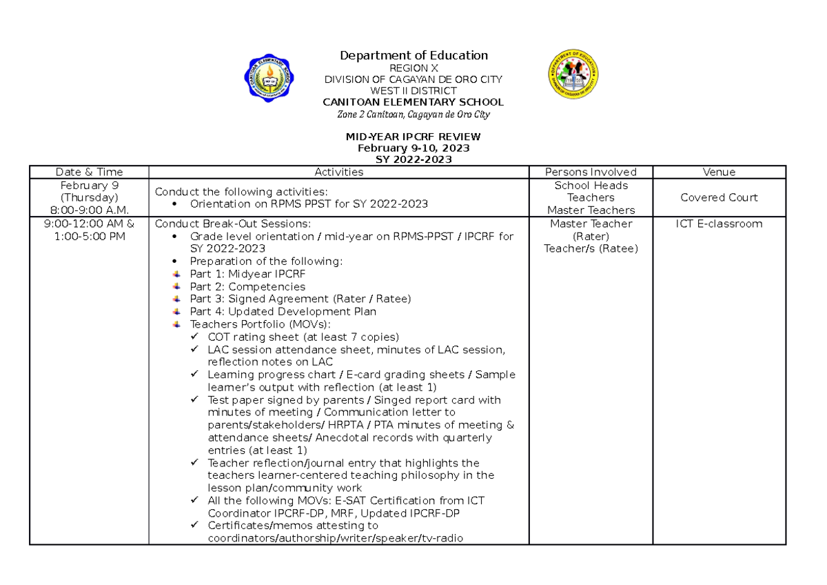 MIDyear Ipcrf SY 2022-2023 MOVs - Department of Education REGION X ...