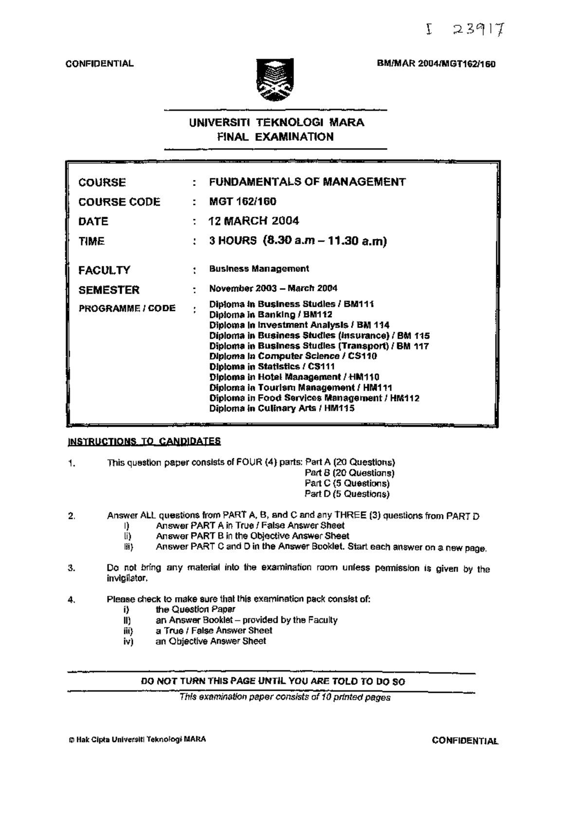 MGT162 160 past year question - I CONFIDENTIAL BM/MAR 2004/MGT162/16 0 ...