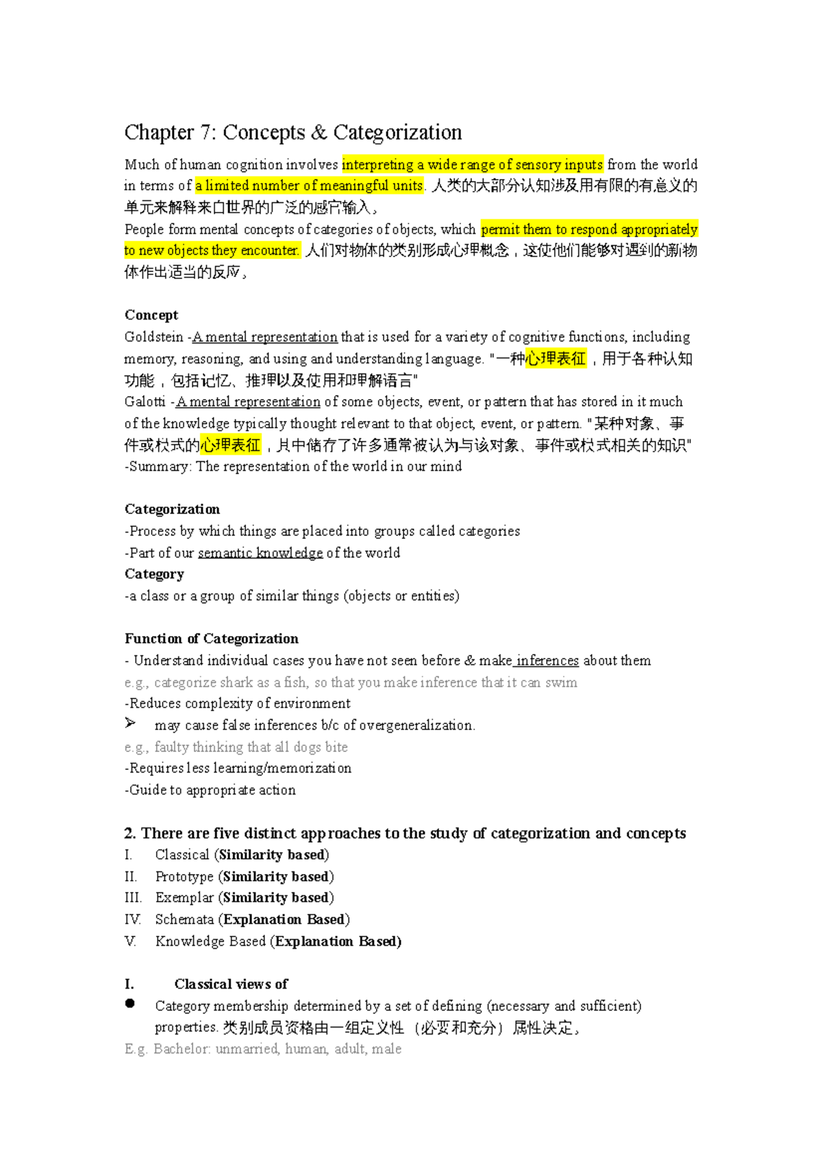 Chapter 7 - notes - Chapter 7: Concepts & Categorization Much of human ...
