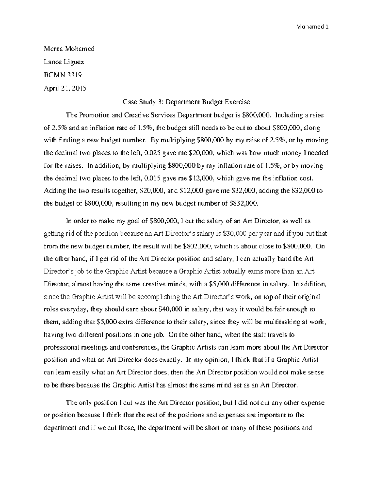 Case Study 3 Department Budget Exercise - Merna Mohamed Lance Liguez ...