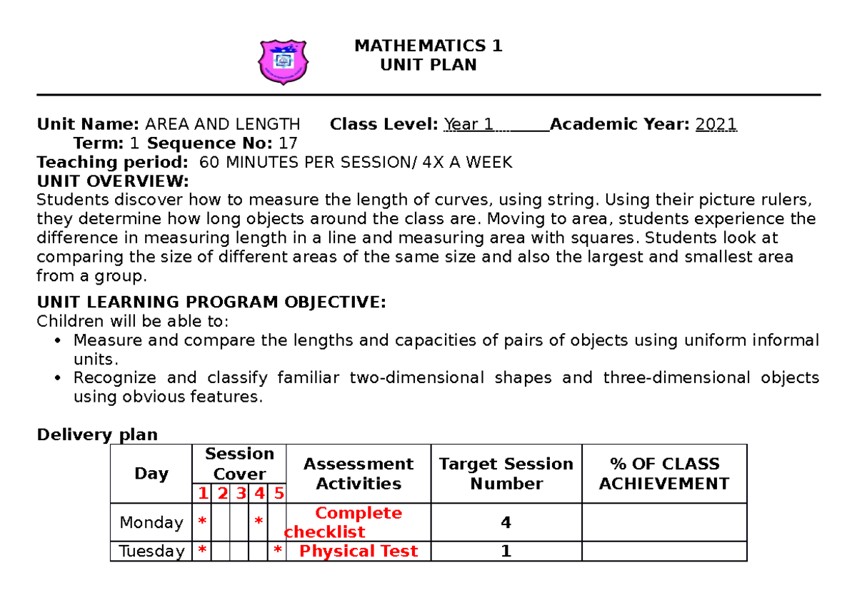 MATH1 T1 WK17-AREA AND Length - MATHEMATICS 1 UNIT PLAN Unit Name: AREA ...